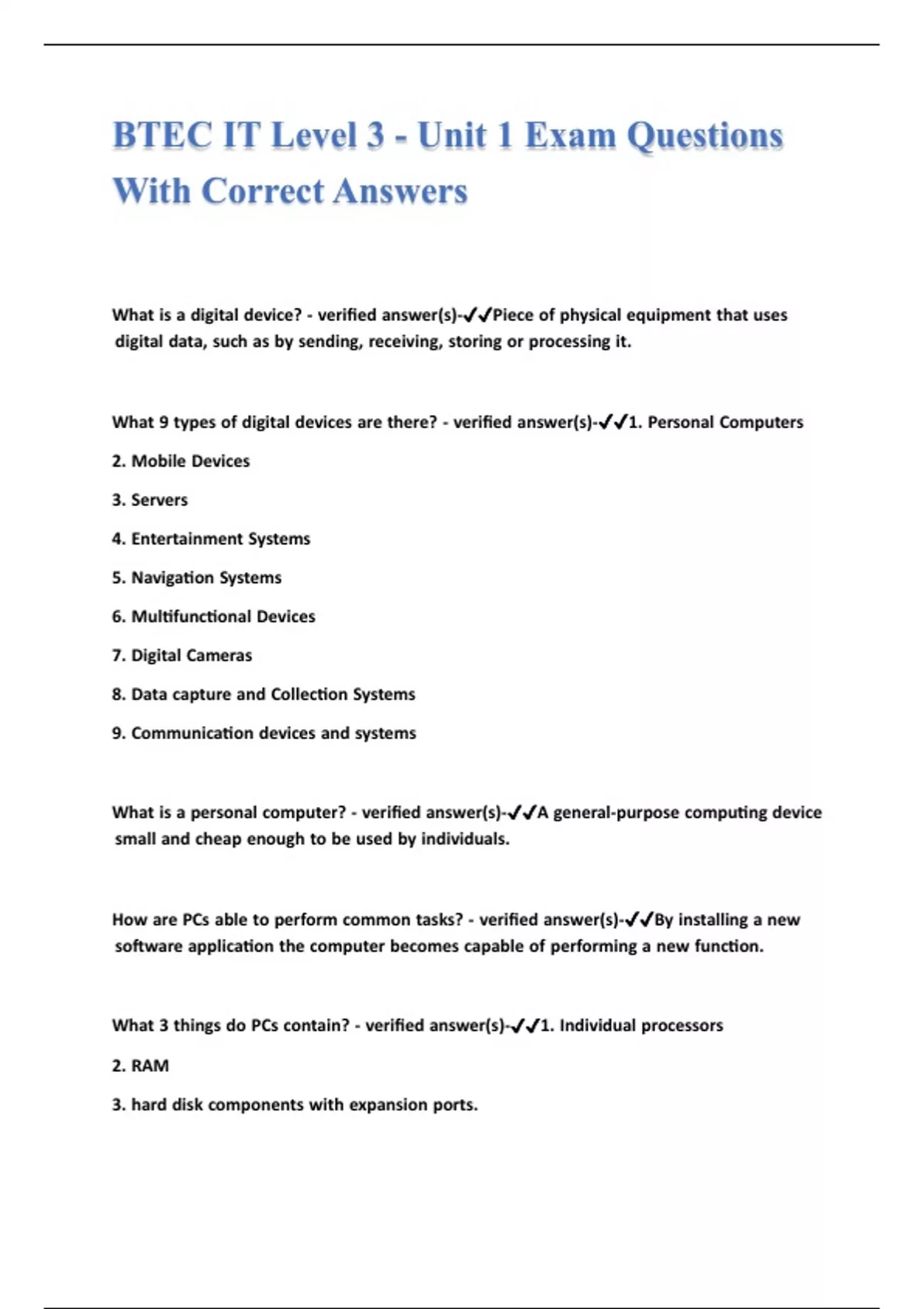 BTEC IT Level 3 - Unit 1 Exam Questions With Correct Answers , - BTEC ...