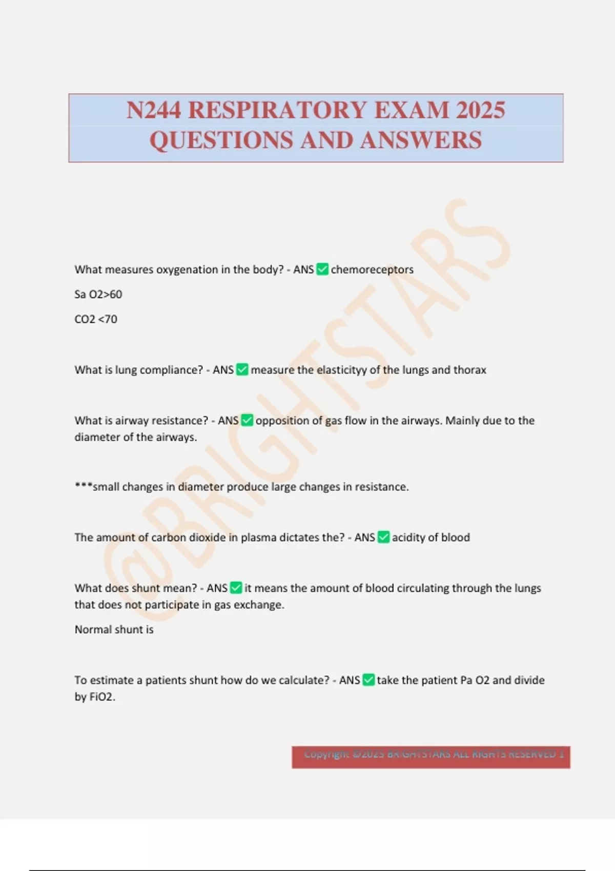 N244 RESPIRATORY EXAM 2025 QUESTIONS AND ANSWERS - N244 - Stuvia US
