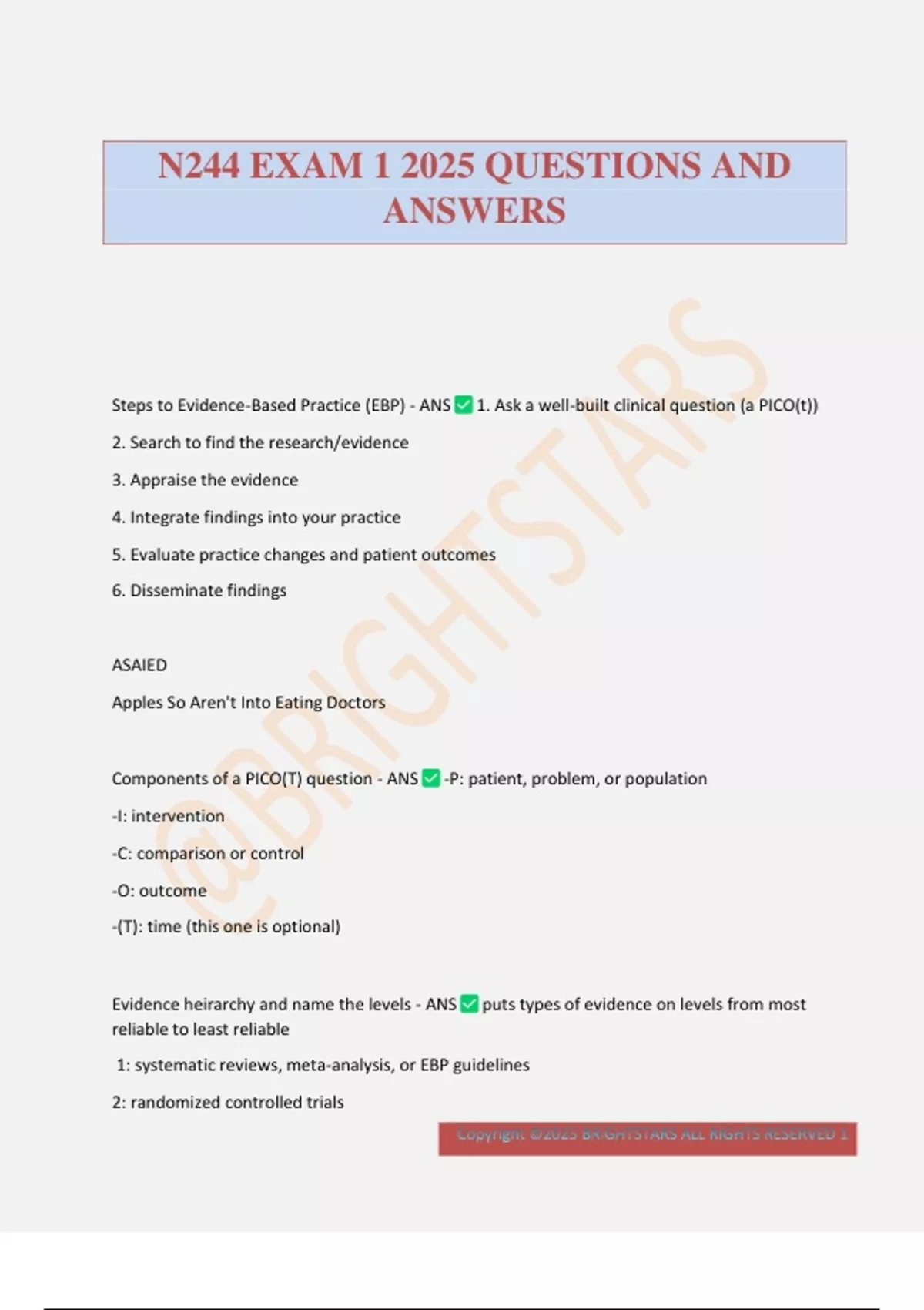 N244 EXAM 1 2025 QUESTIONS AND ANSWERS - N244 - Stuvia US
