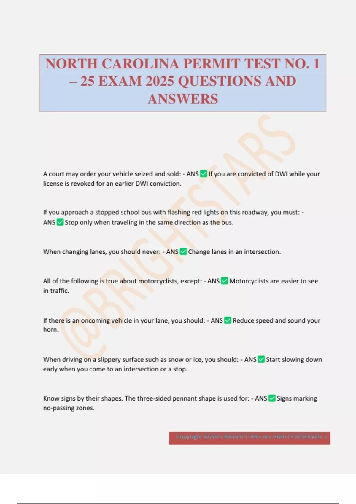NORTH CAROLINA PERMIT TEST NO. 1 – 25 EXAM 2025 QUESTIONS AND ANSWERS ...