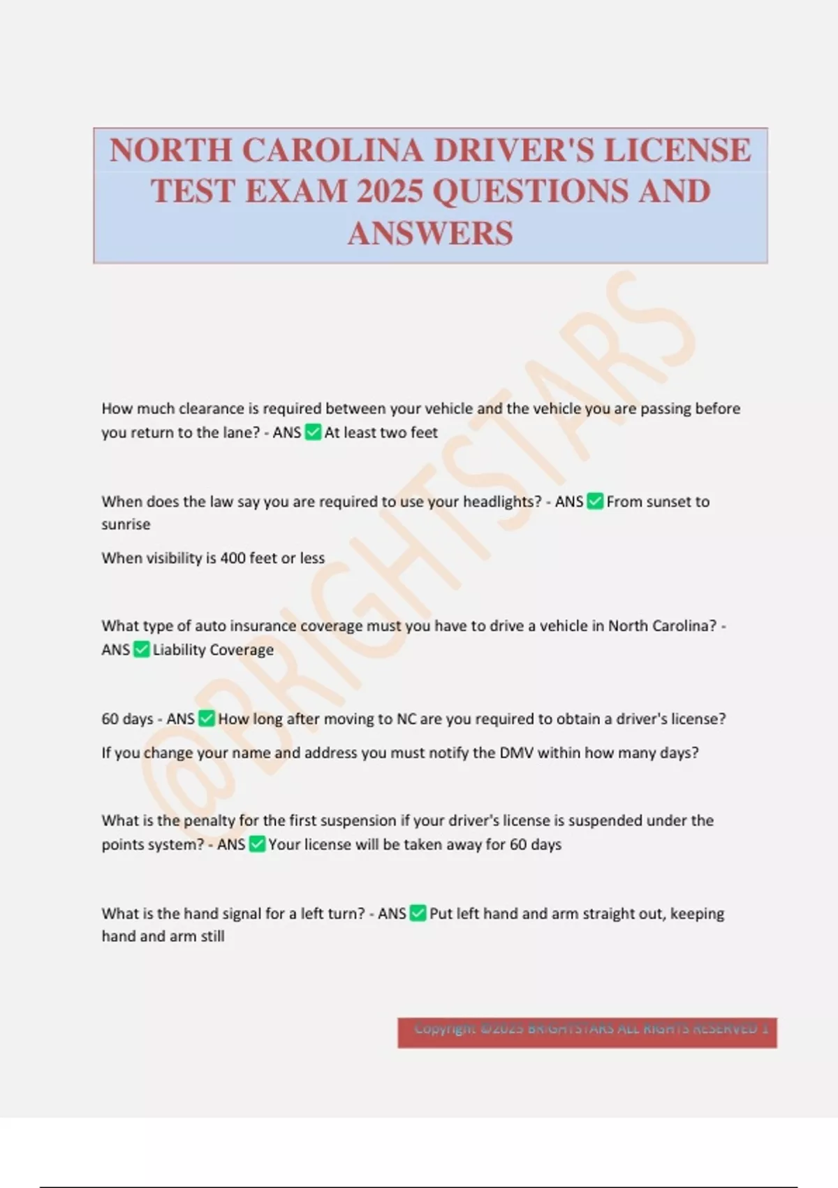 NORTH CAROLINA DRIVER'S LICENSE TEST EXAM 2025 QUESTIONS AND ANSWERS ...