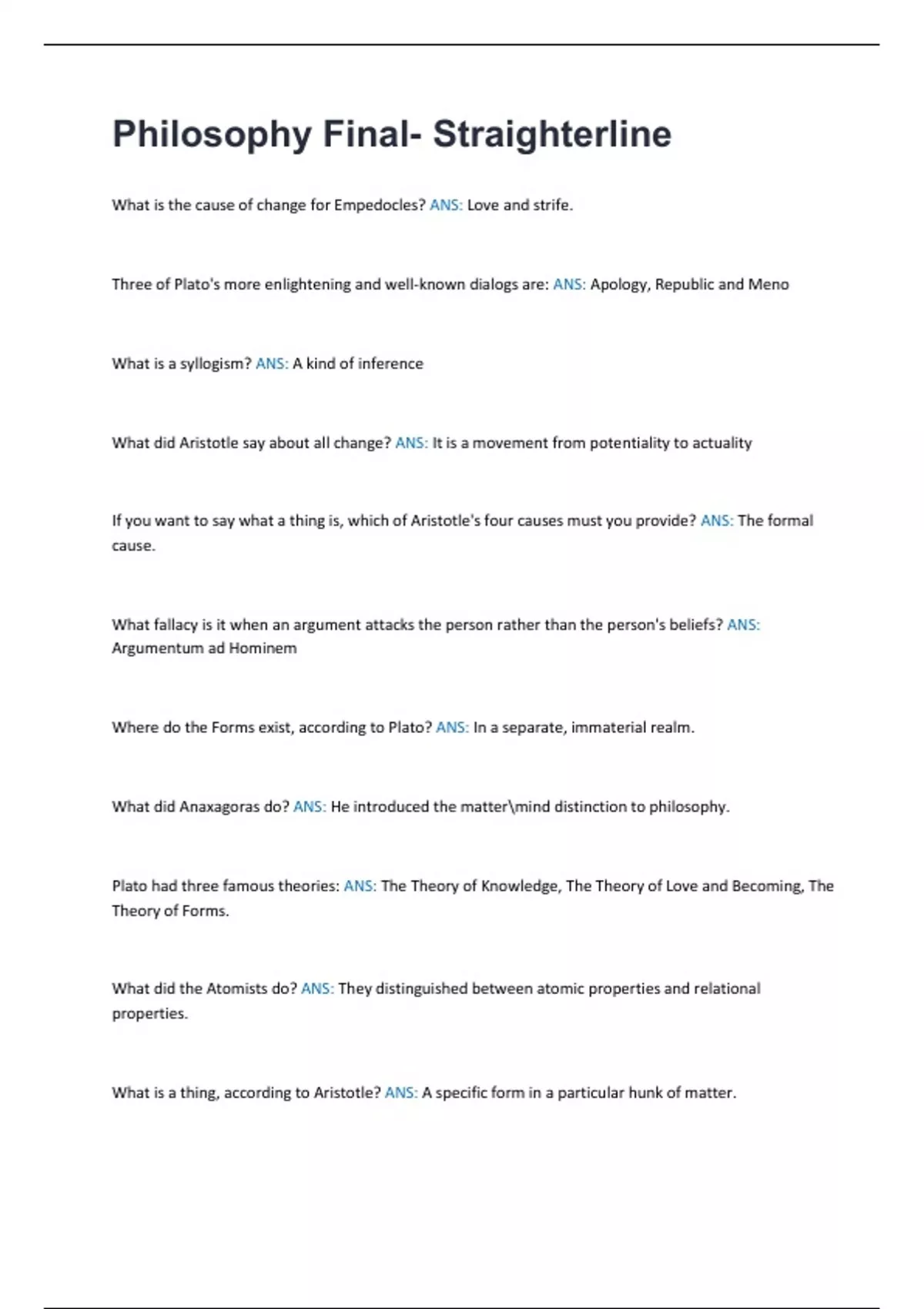 Philosophy Final Exam - Straighterline. 100 Questions And Answers ...