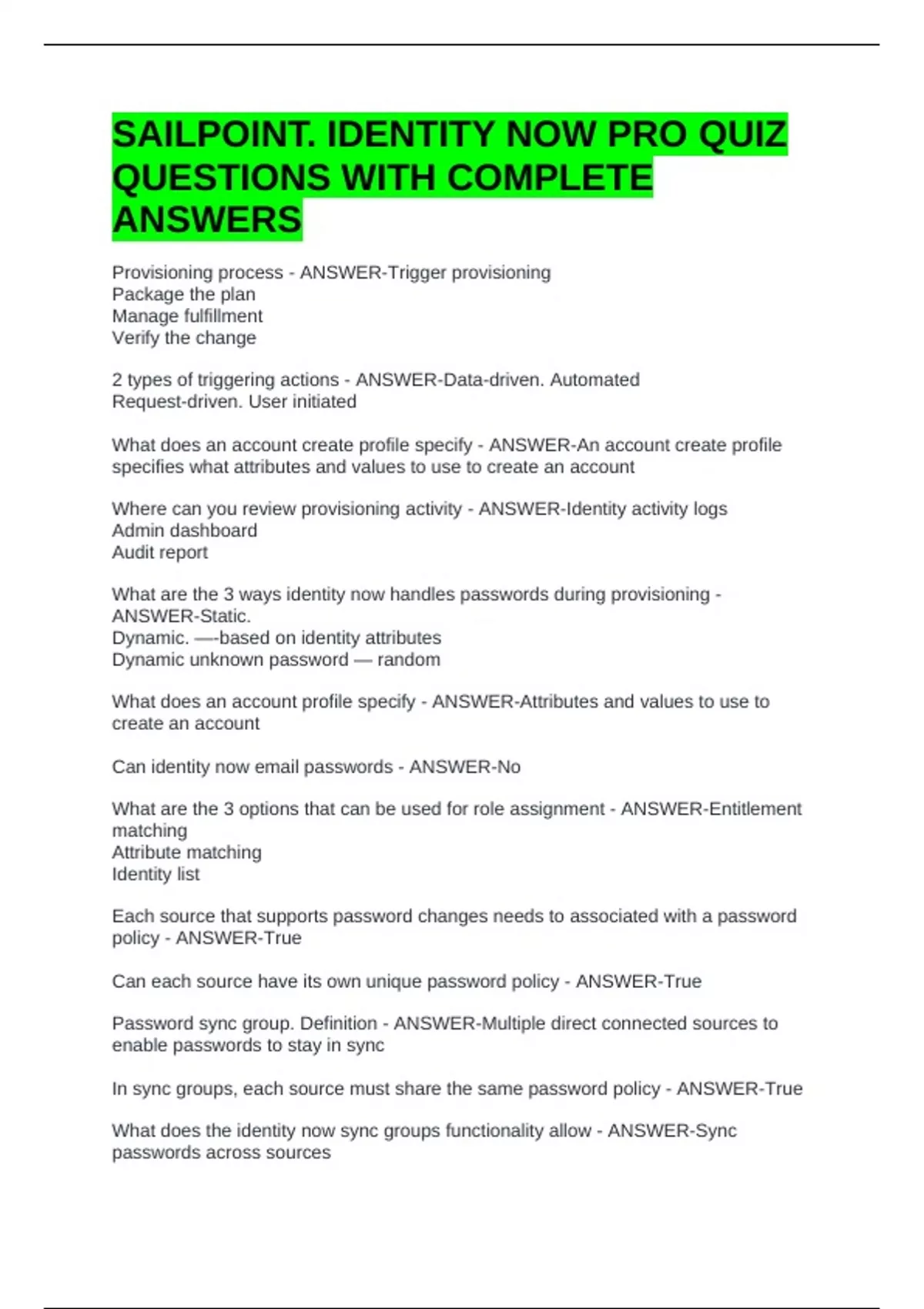 SAILPOINT. IDENTITY NOW PRO QUIZ QUESTIONS WITH COMPLETE ANSWERS ...