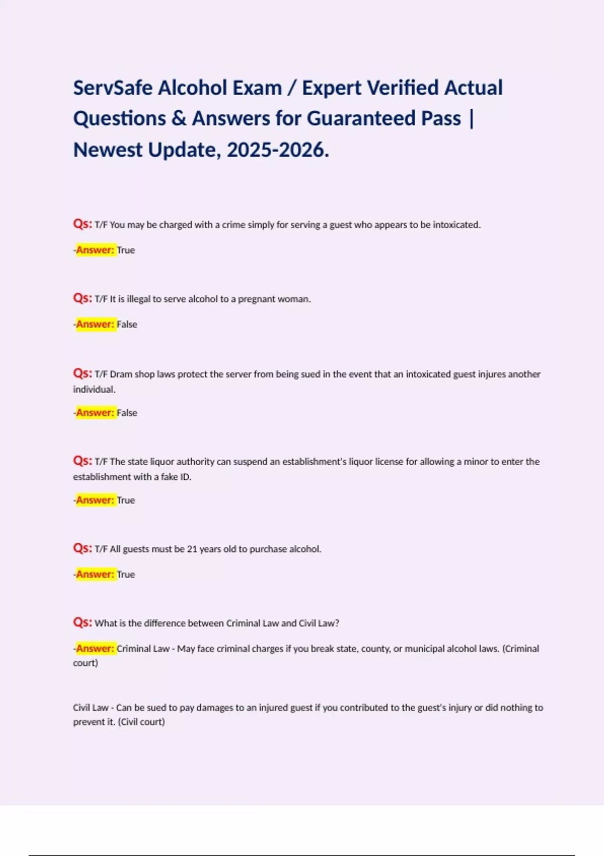 ServSafe Alcohol Exam / Expert Verified Actual Questions & Answers for ...