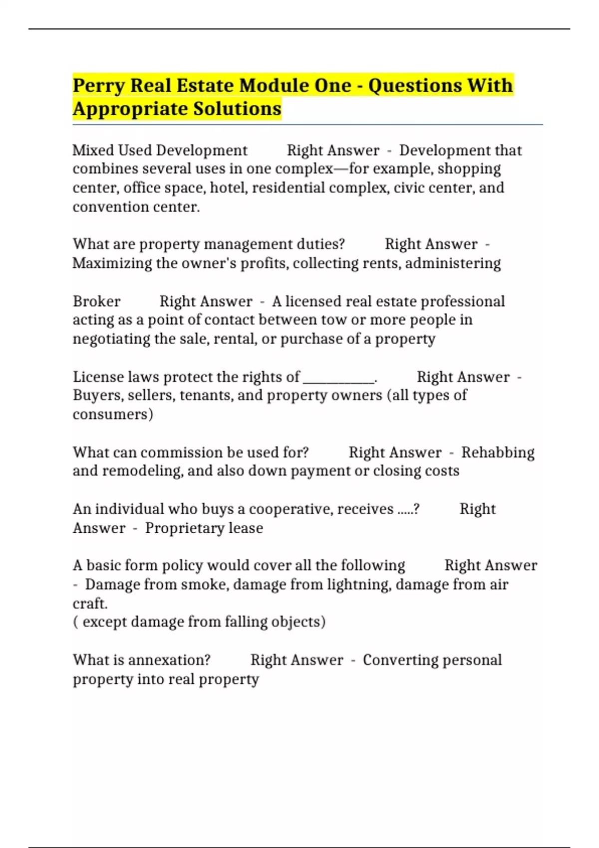 Perry Real Estate Module One - Questions With Appropriate Solutions ...