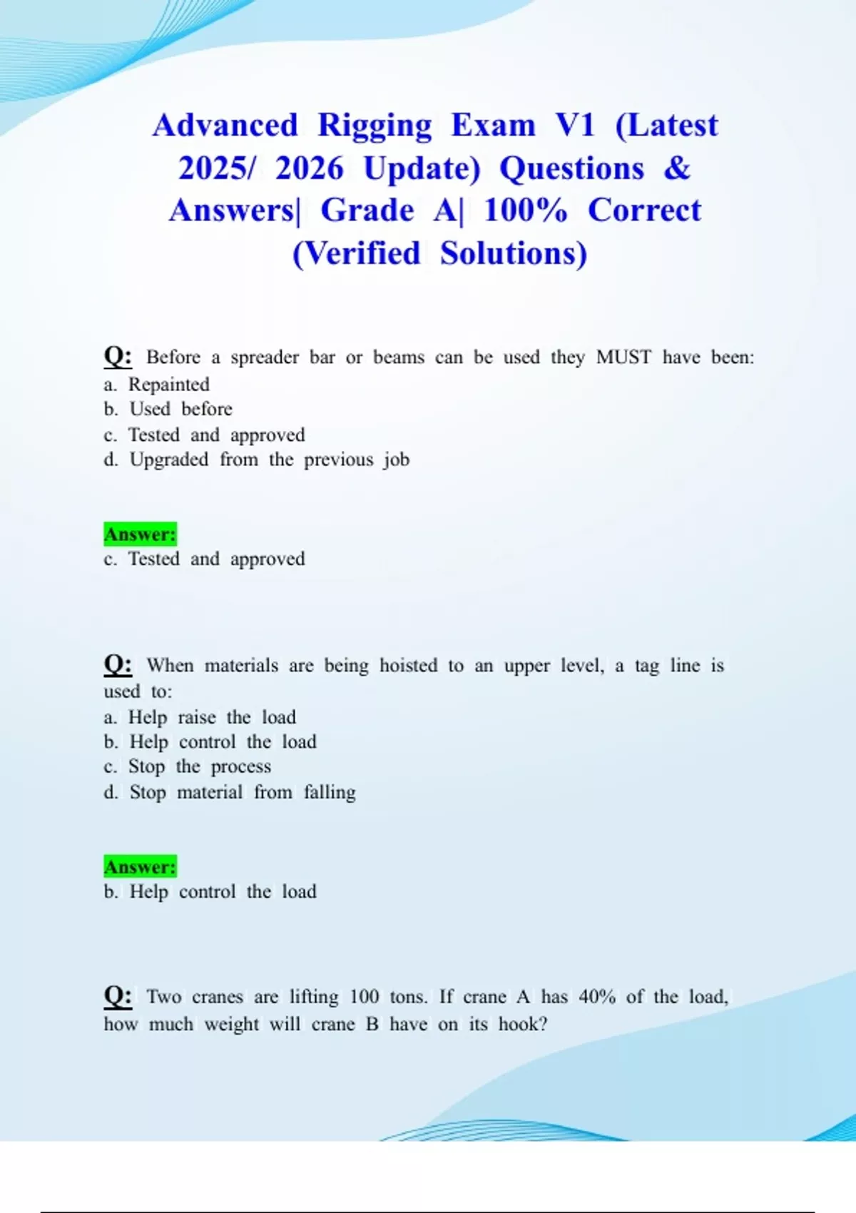 Advanced Rigging Exam V1 (Latest 2025/ 2026 Update) Questions & Answers ...