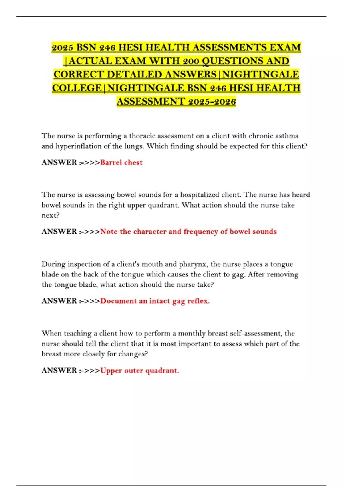 2025 BSN 246 HESI HEALTH ASSESSMENTS EXAM |ACTUAL EXAM WITH 200 ...