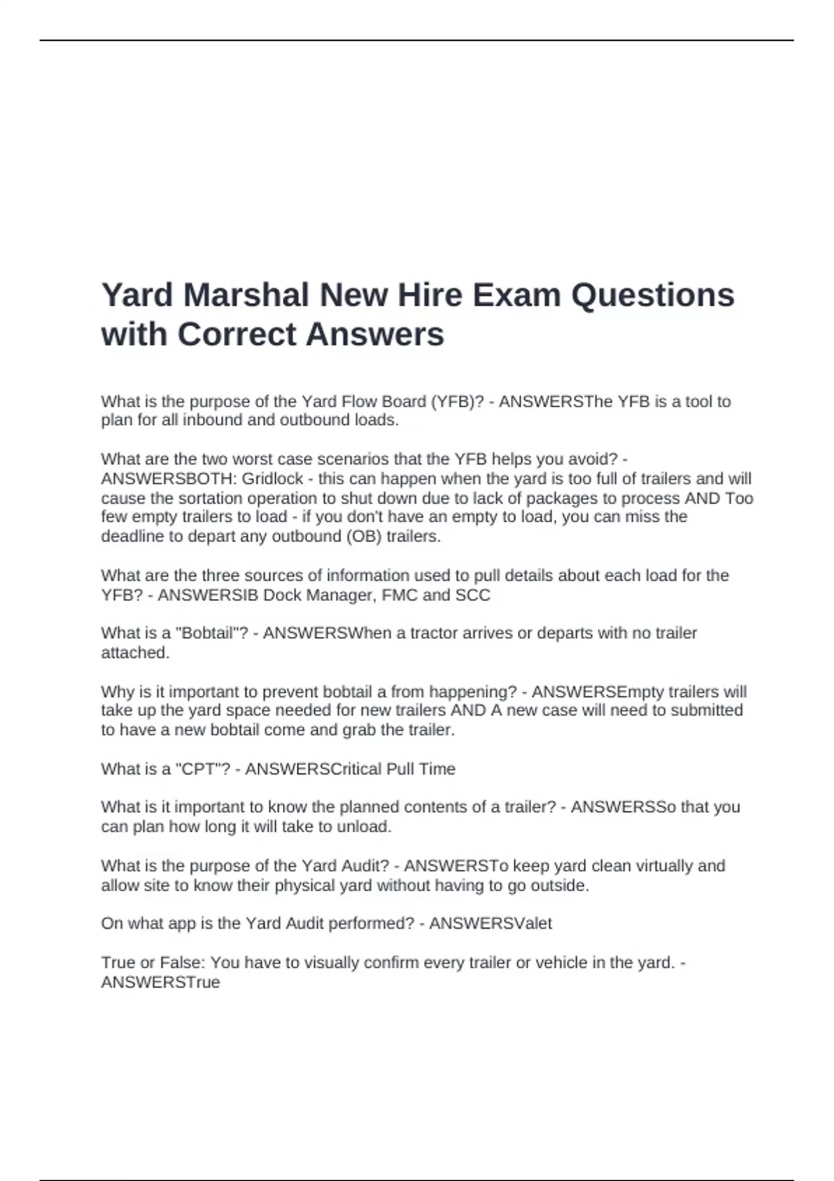 Yard Marshal New Hire Exam Questions with Correct Answers - Yard ...