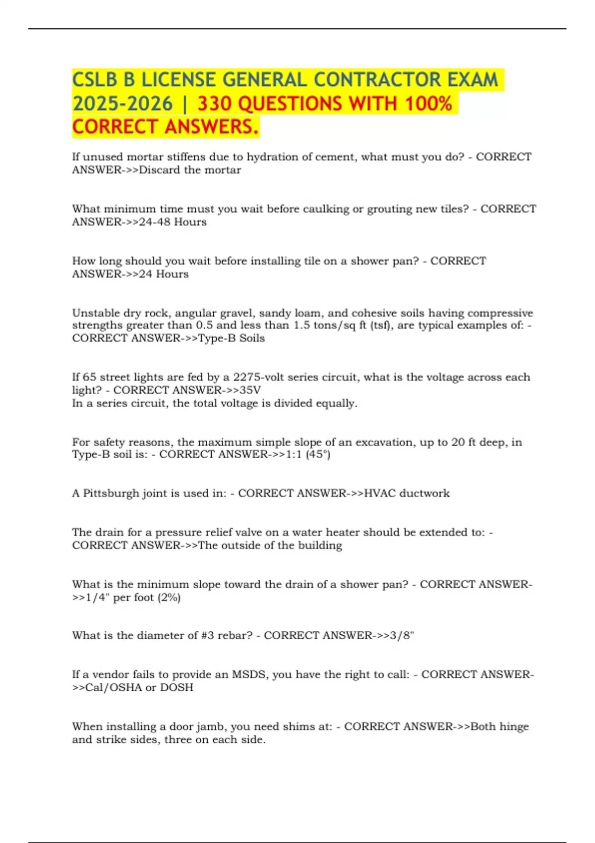 CSLB B LICENSE GENERAL CONTRACTOR EXAM | 330 QUESTIONS WITH 100% CORRECT ANSWERS. - CSLB B ...