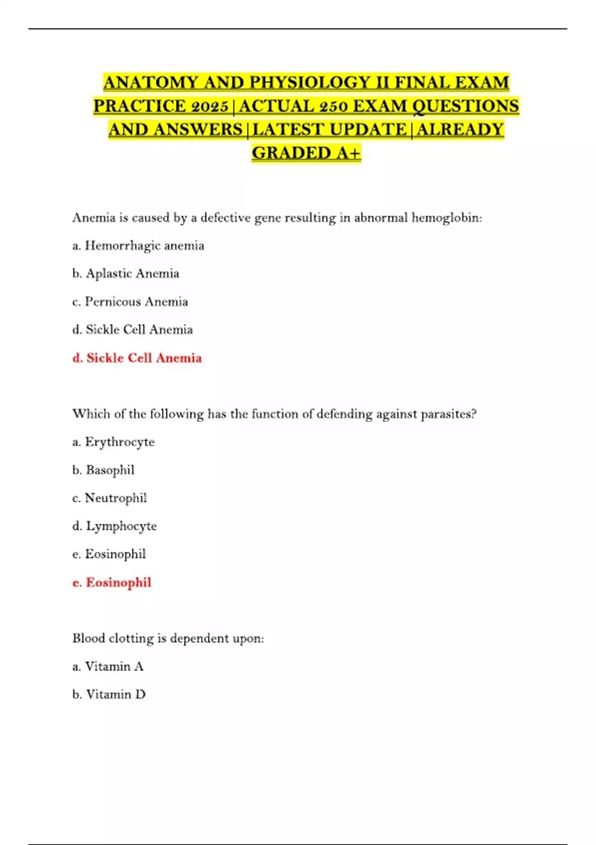 ANATOMY AND PHYSIOLOGY II FINAL EXAM PRACTICE 2025|ACTUAL 250 EXAM ...