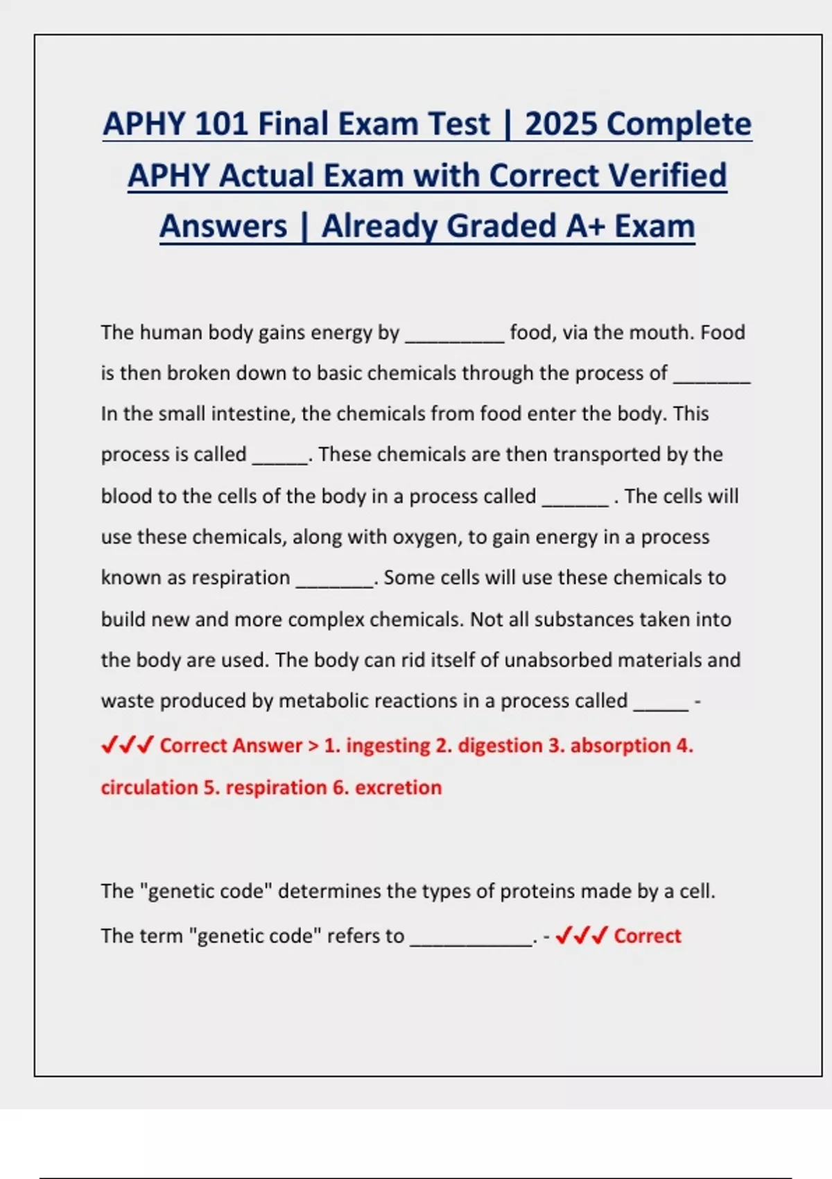 APHY 101 Final Exam Test | 2025 Complete APHY Actual Exam with Correct ...