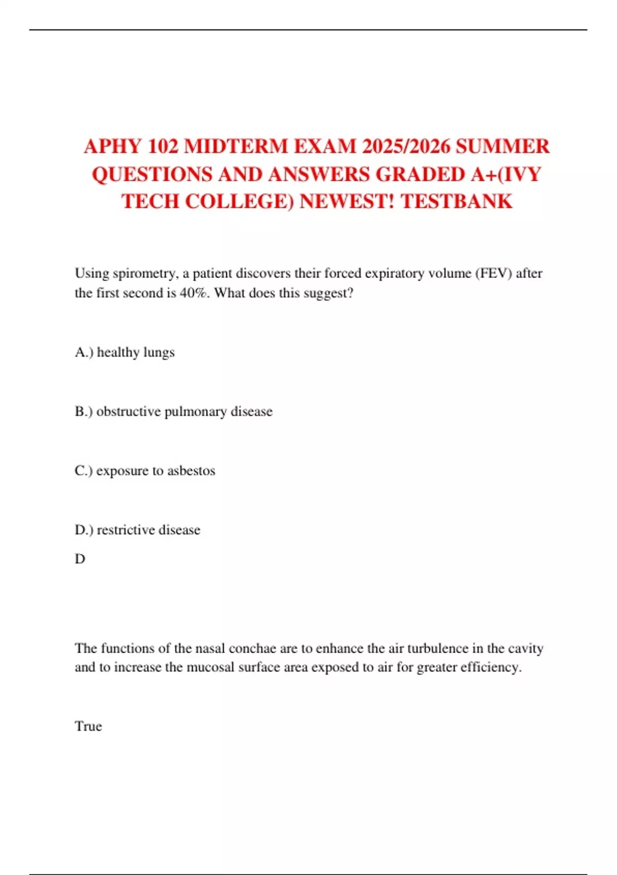 APHY 102 MIDTERM EXAM 2025/2026 SUMMER QUESTIONS AND ANSWERS GRADED A+ ...