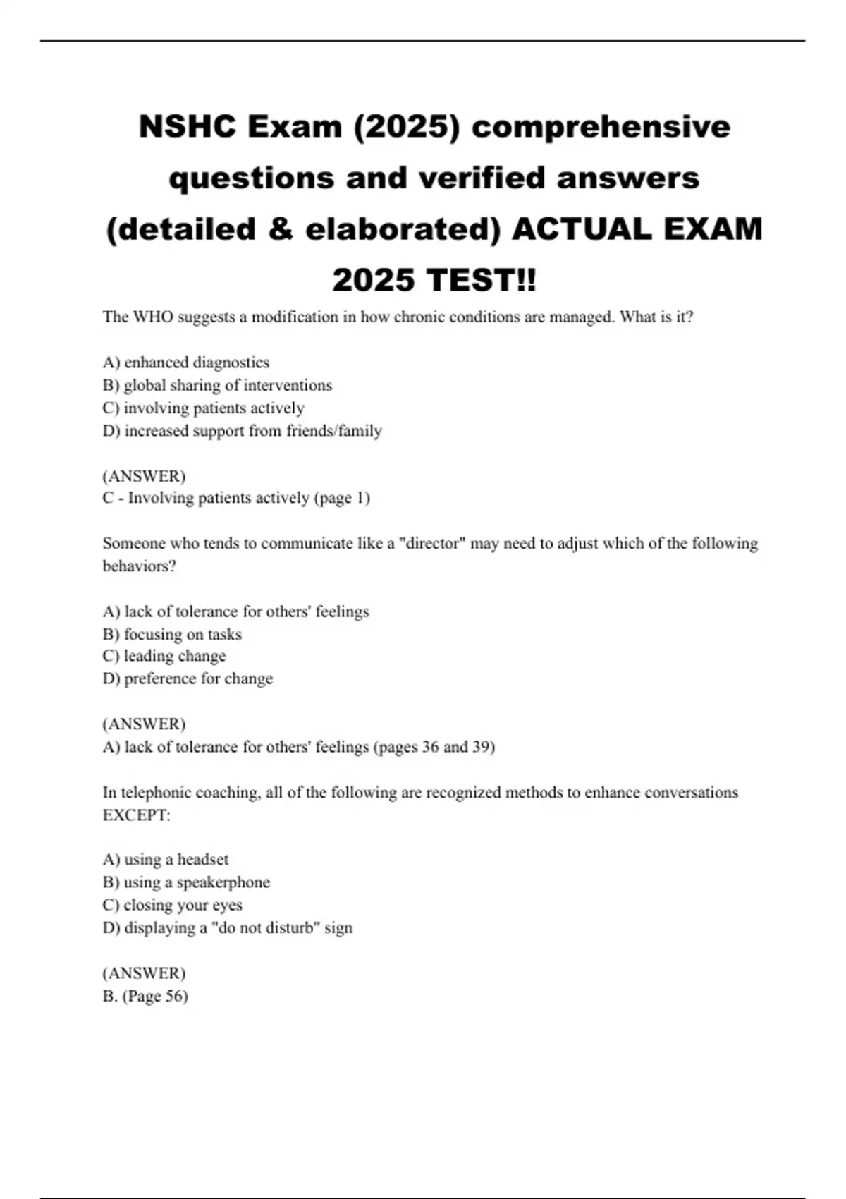 NSHC Exam (2025) comprehensive questions and verified answers (detailed ...