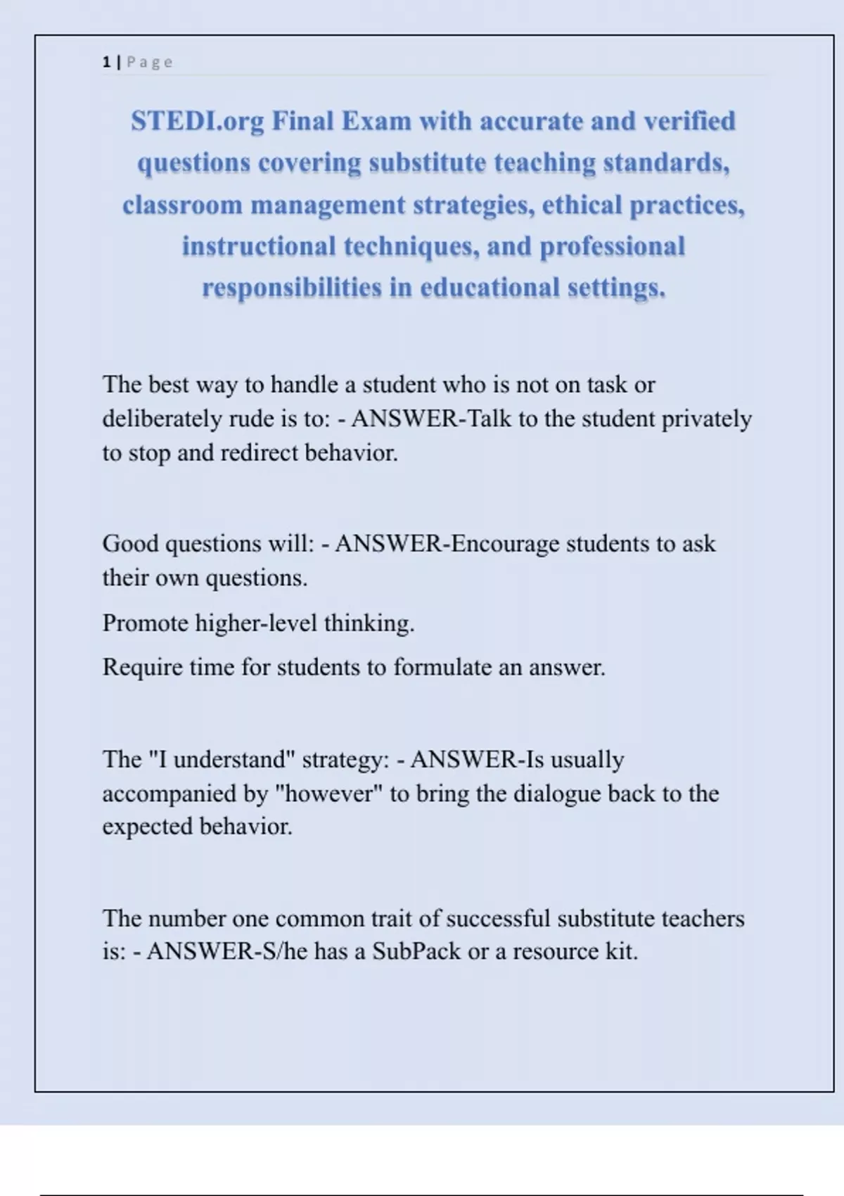 STEDI.org Final Exam with accurate and verified questions covering ...