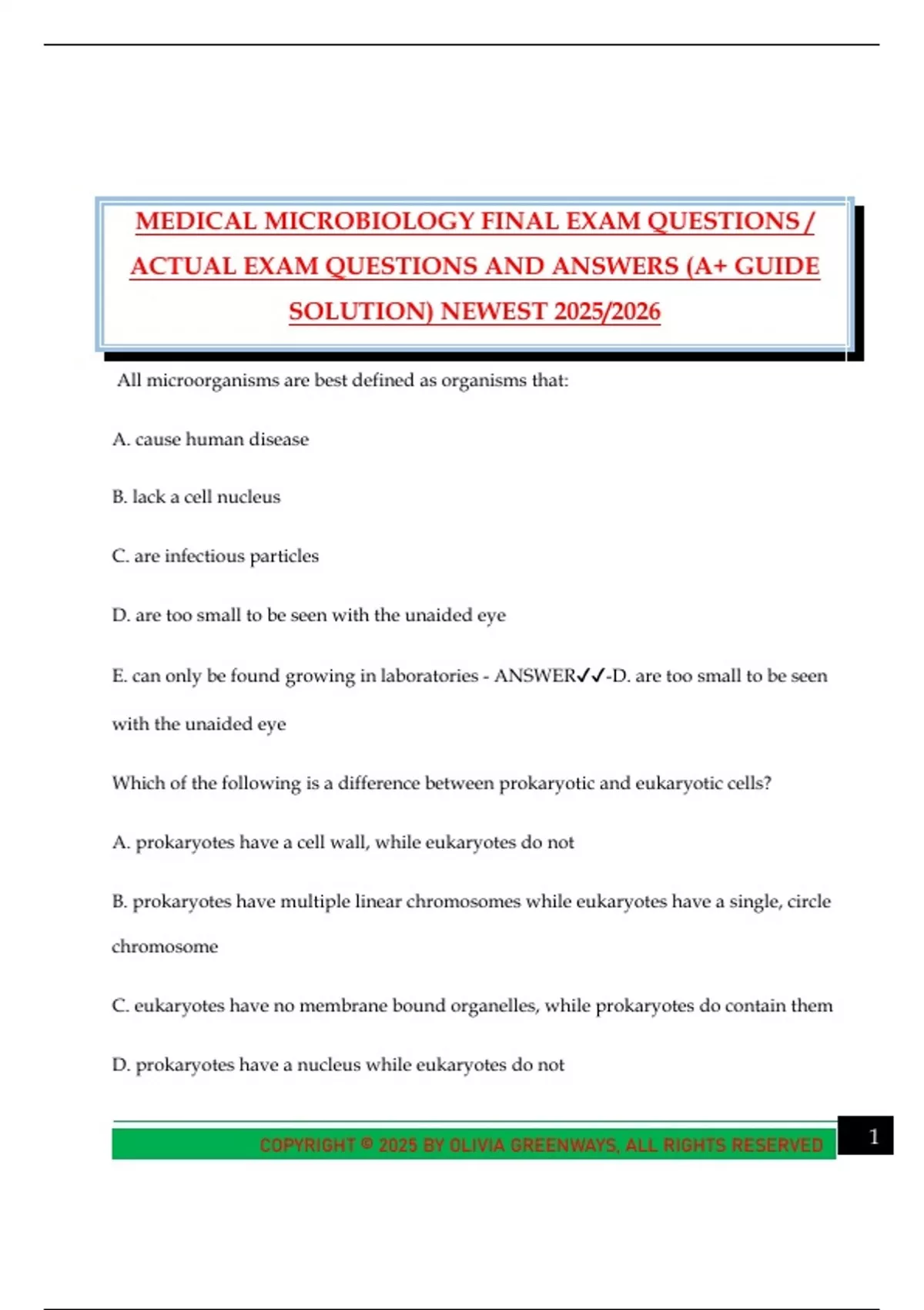 MEDICAL MICROBIOLOGY FINAL EXAM QUESTIONS / ACTUAL EXAM QUESTIONS AND ...