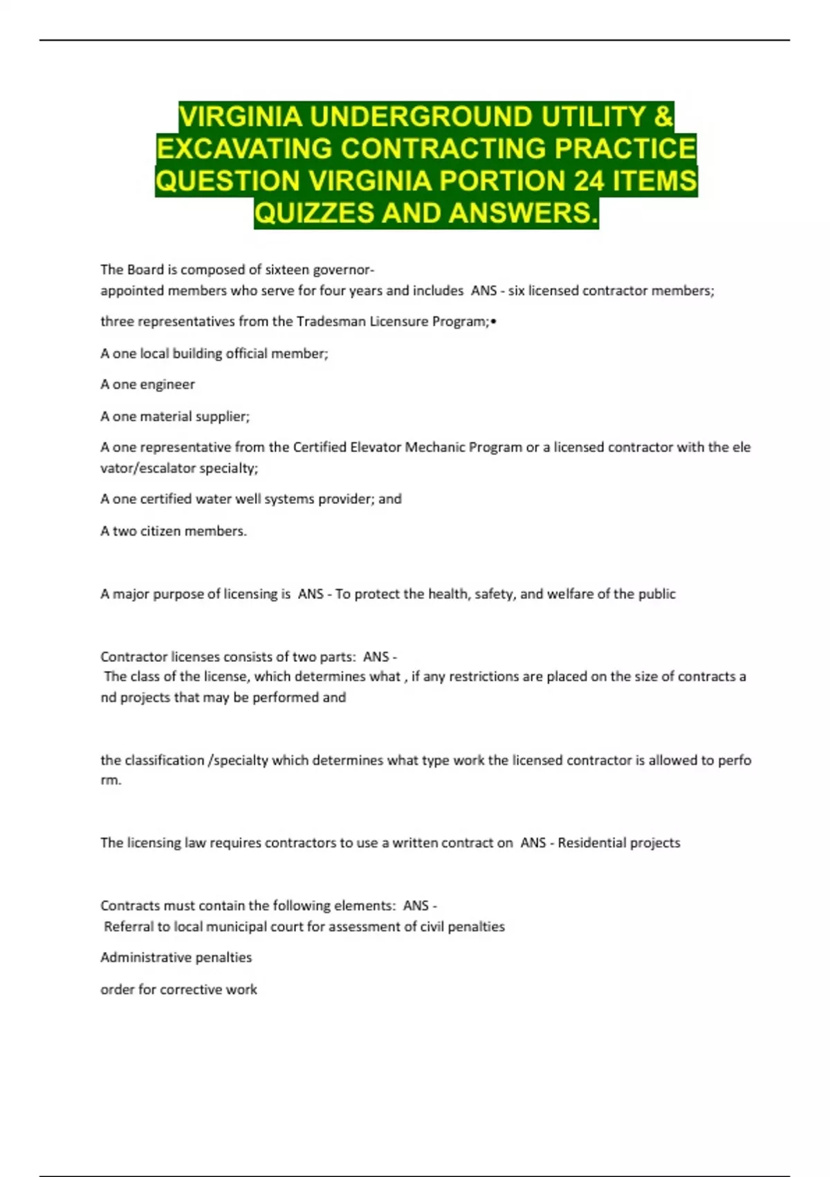 VIRGINIA UNDERGROUND UTILITY & EXCAVATING CONTRACTING PRACTICE QUESTION ...