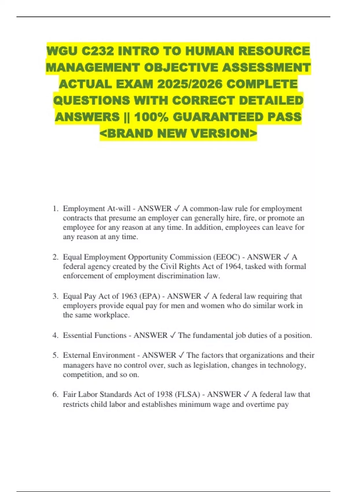 WGU C232 INTRO TO HUMAN RESOURCE MANAGEMENT OBJECTIVE ASSESSMENT ACTUAL EXAM 2025/2026 COMPLETE ...