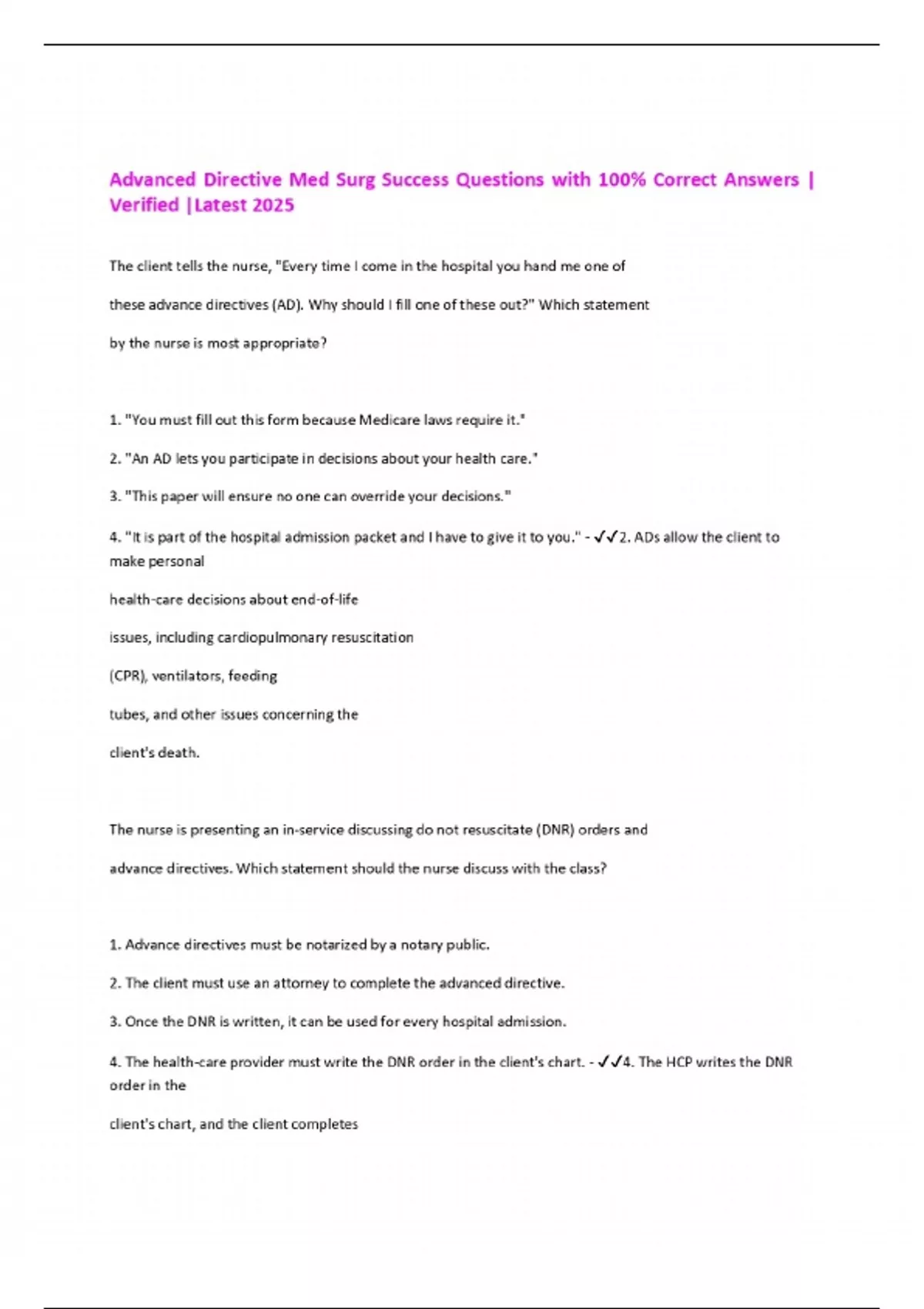 Advanced Directive Med Surg Success Questions with 100% Correct Answers ...