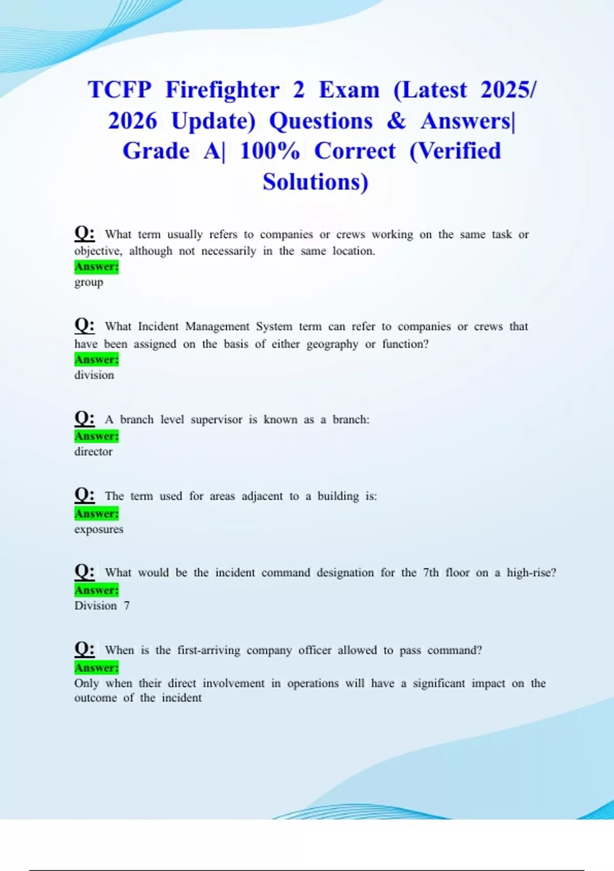 TCFP Firefighter 2 Exam (Latest 2025/ 2026 Update) Questions & Answers ...