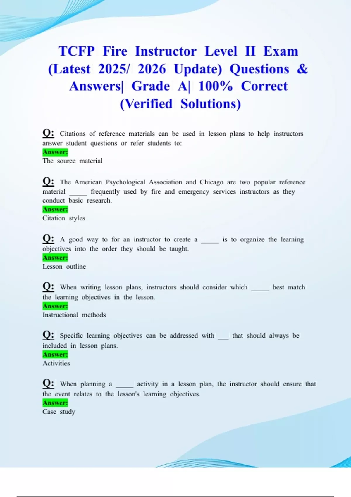 TCFP Fire Instructor Level II Exam (Latest 2025/ 2026 Update) Questions ...