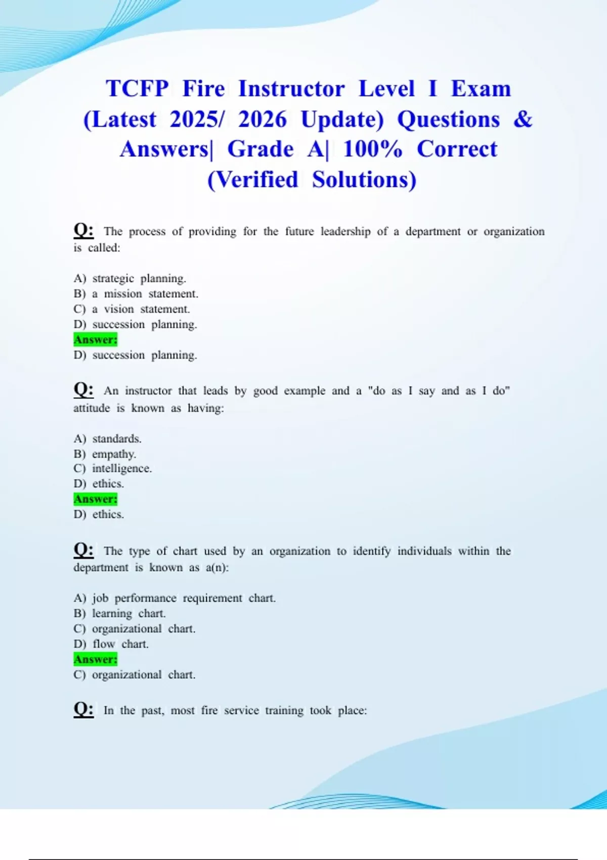 TCFP Fire Instructor Level I Exam (Latest 2025/ 2026 Update) Questions ...