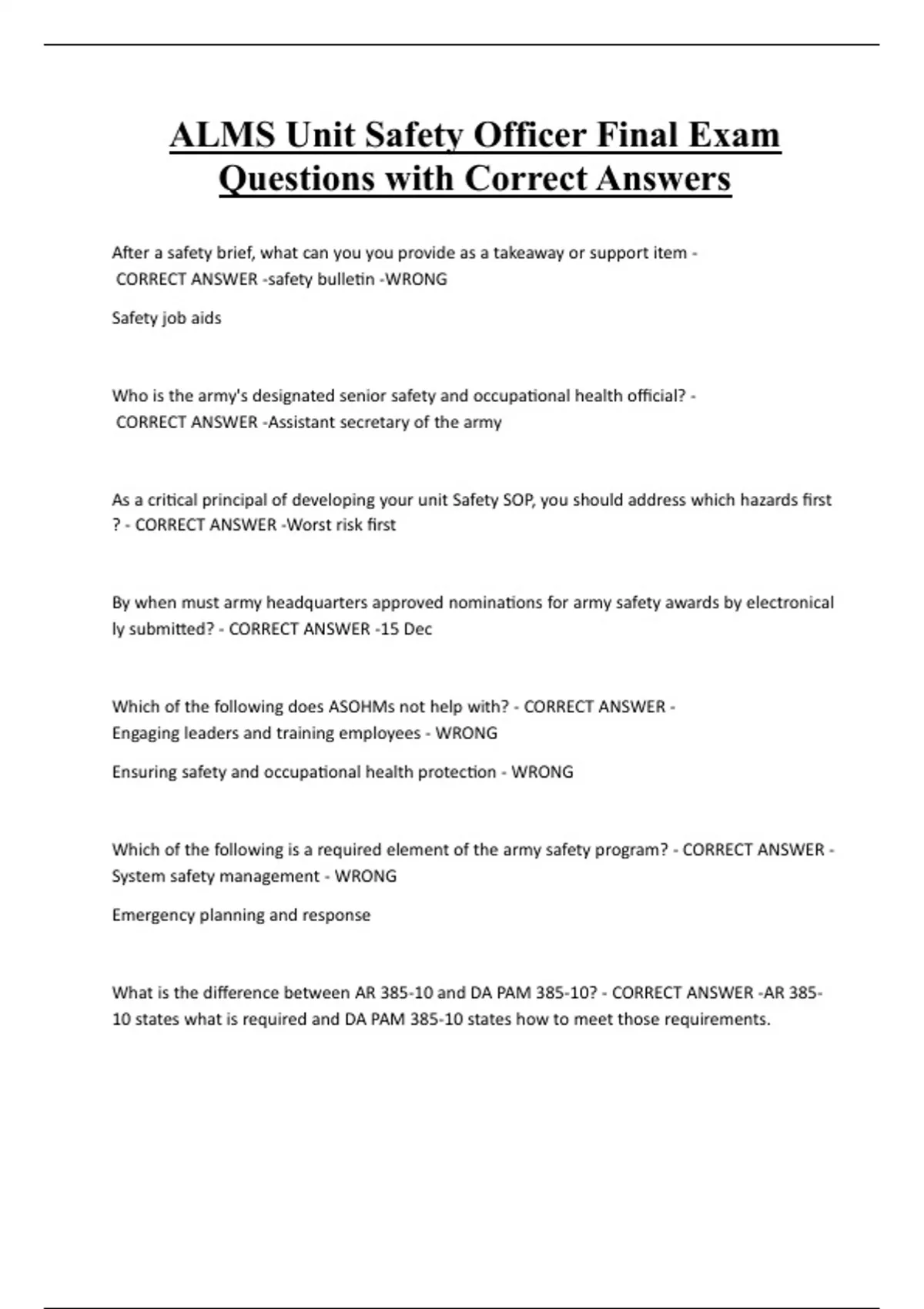 ALMS Unit Safety Officer Final Exam Questions with Correct Answers ...