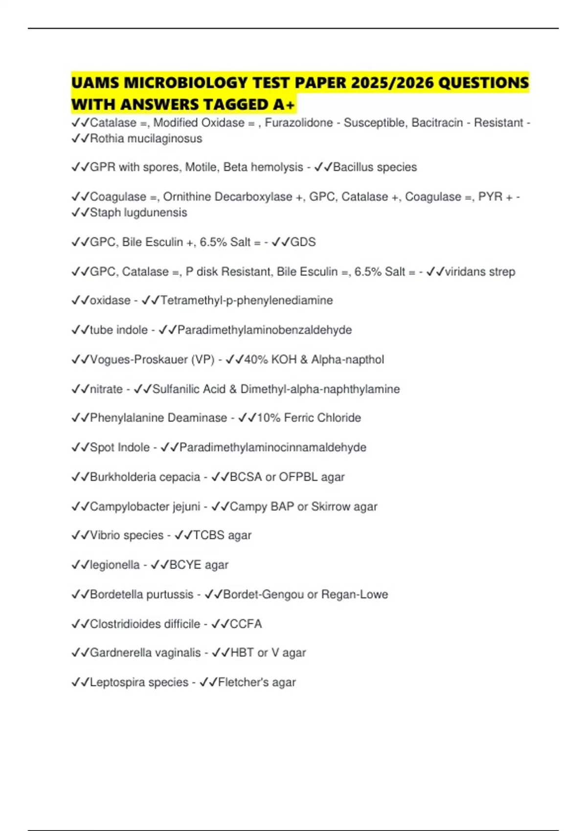 UAMS MICROBIOLOGY TEST PAPER 2025/2026 QUESTIONS WITH ANSWERS TAGGED A+ ...