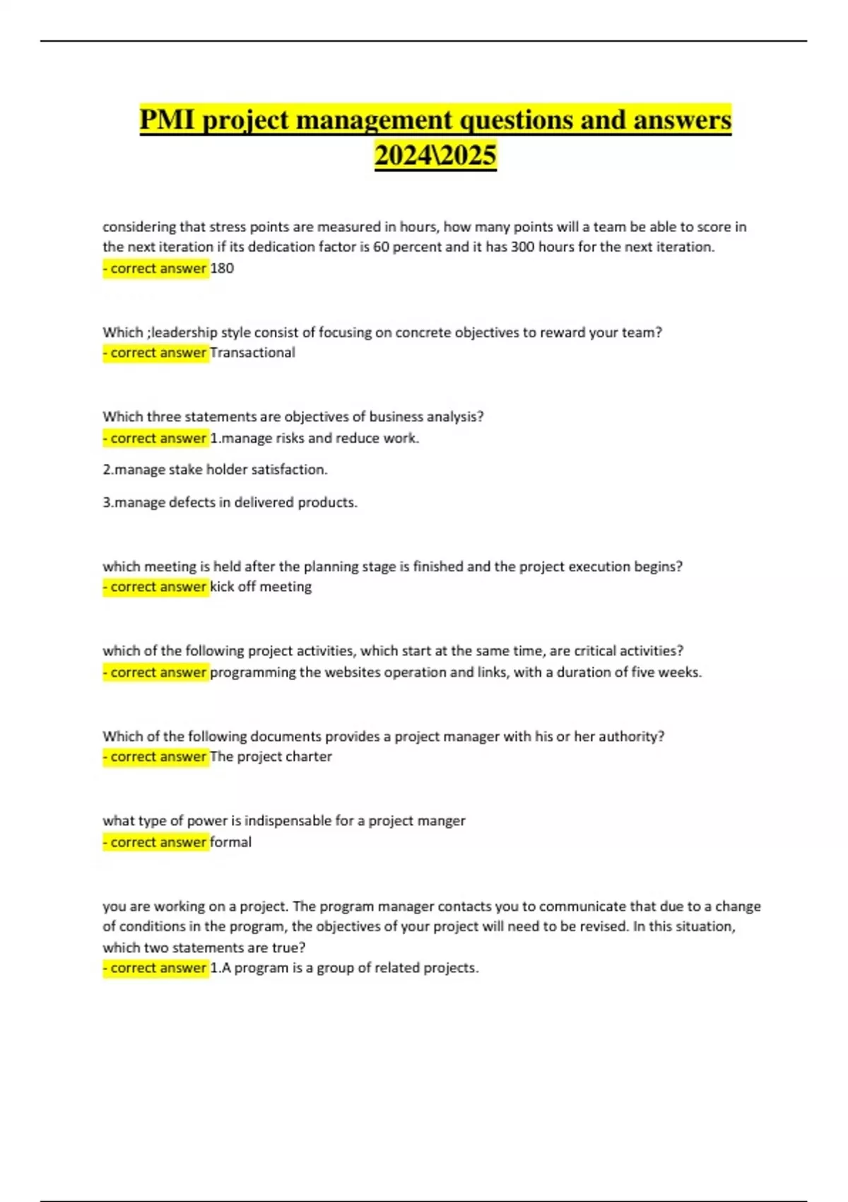 Project Management PMI Test Questions and Answers 2024/2025 - PMI ...