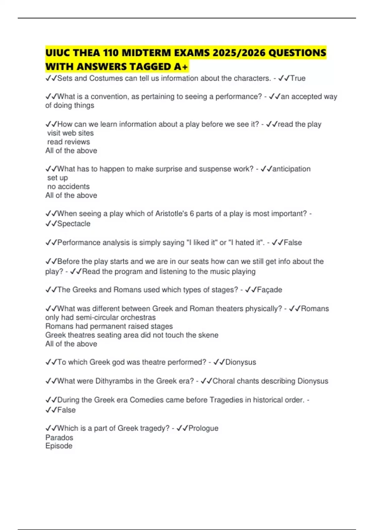 UIUC THEA 110 MIDTERM EXAMS 2025/2026 QUESTIONS WITH ANSWERS TAGGED A+ ...