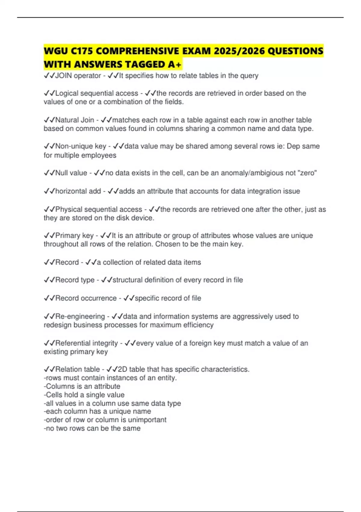 WGU C175 COMPREHENSIVE EXAM 2025/2026 QUESTIONS WITH ANSWERS TAGGED A+ - WGU C175 - Stuvia US