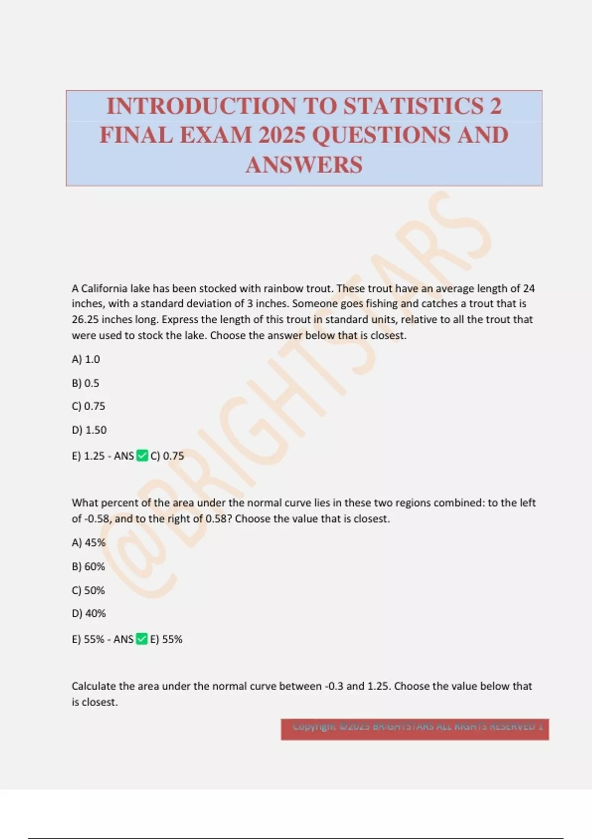 INTRODUCTION TO STATISTICS 2 FINAL EXAM 2025 QUESTIONS AND ANSWERS ...