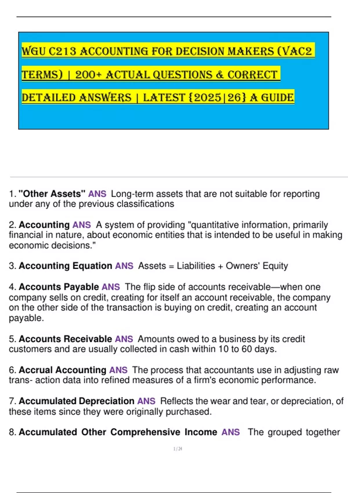 WGU C213 ACCOUNTING FOR DECISION MAKERS (VAC2 TERMS) | 200+ ACTUAL ...