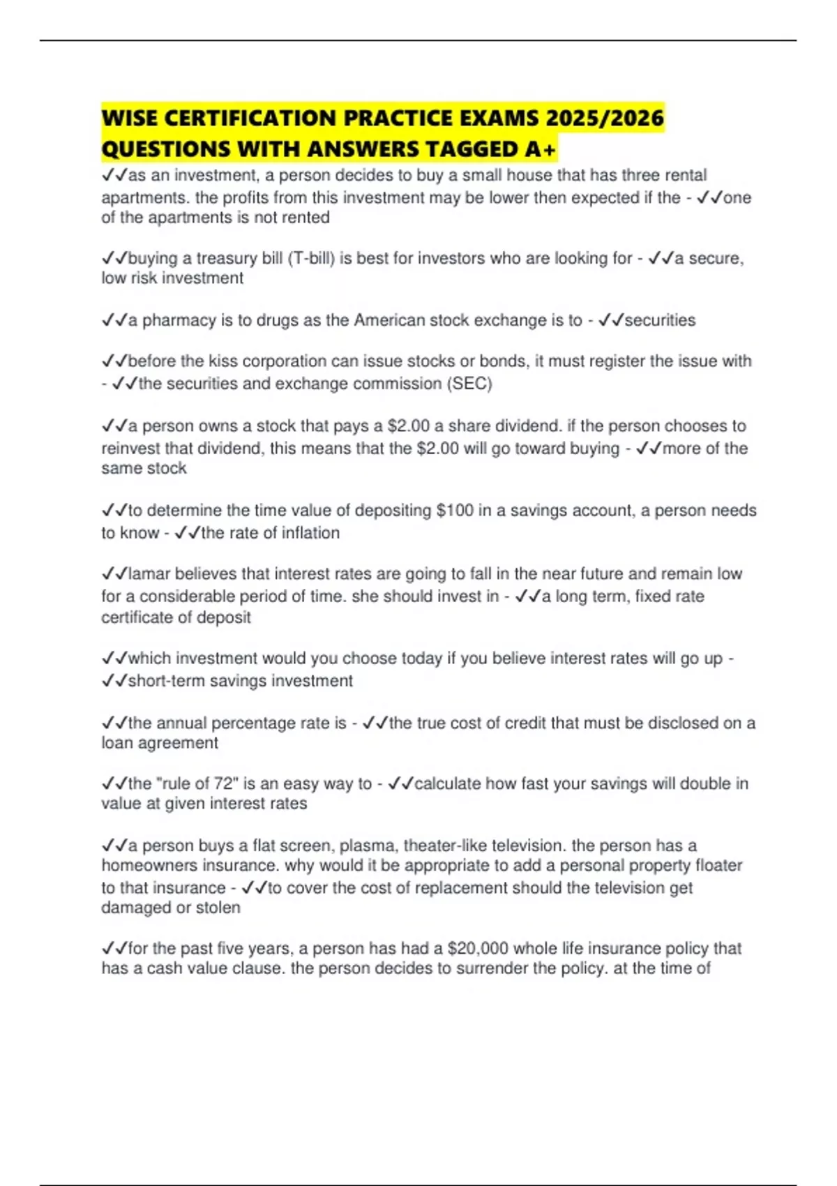 WISE CERTIFICATION PRACTICE EXAMS 2025/2026 QUESTIONS WITH ANSWERS TAGGED A+ - WISE ...