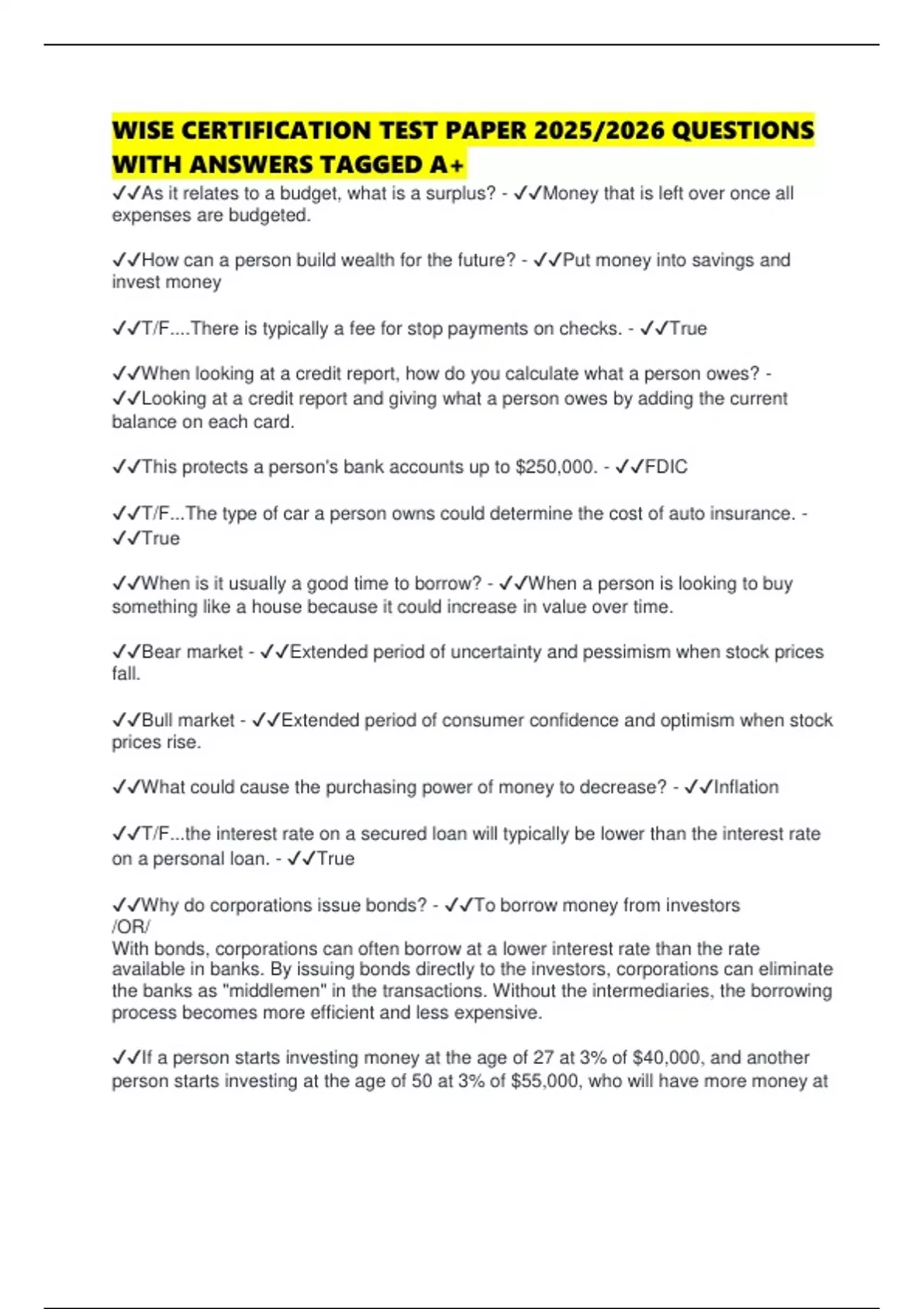 WISE CERTIFICATION TEST PAPER 2025/2026 QUESTIONS WITH ANSWERS TAGGED ...