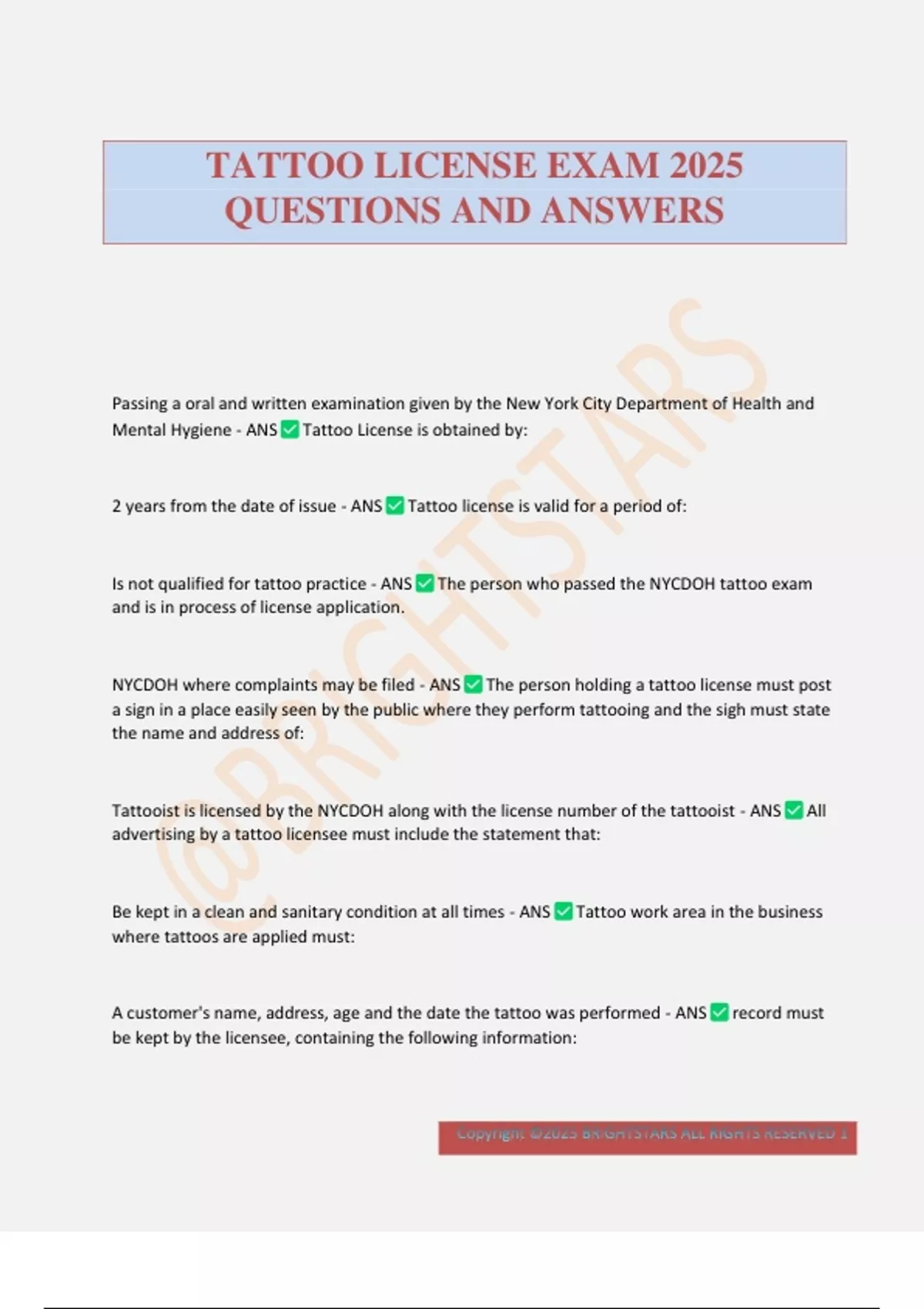 TATTOO LICENSE EXAM 2025 QUESTIONS AND ANSWERS - TATTOO LICENSE - Stuvia US