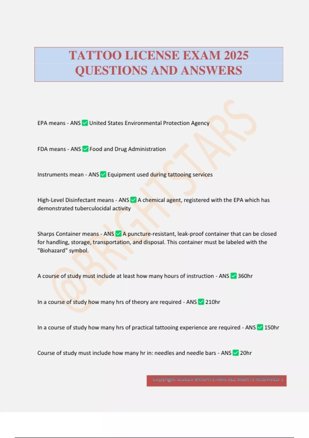 TATTOO LICENSE EXAM 2025 QUESTIONS AND ANSWERS - TATTOO LICENSE - Stuvia US