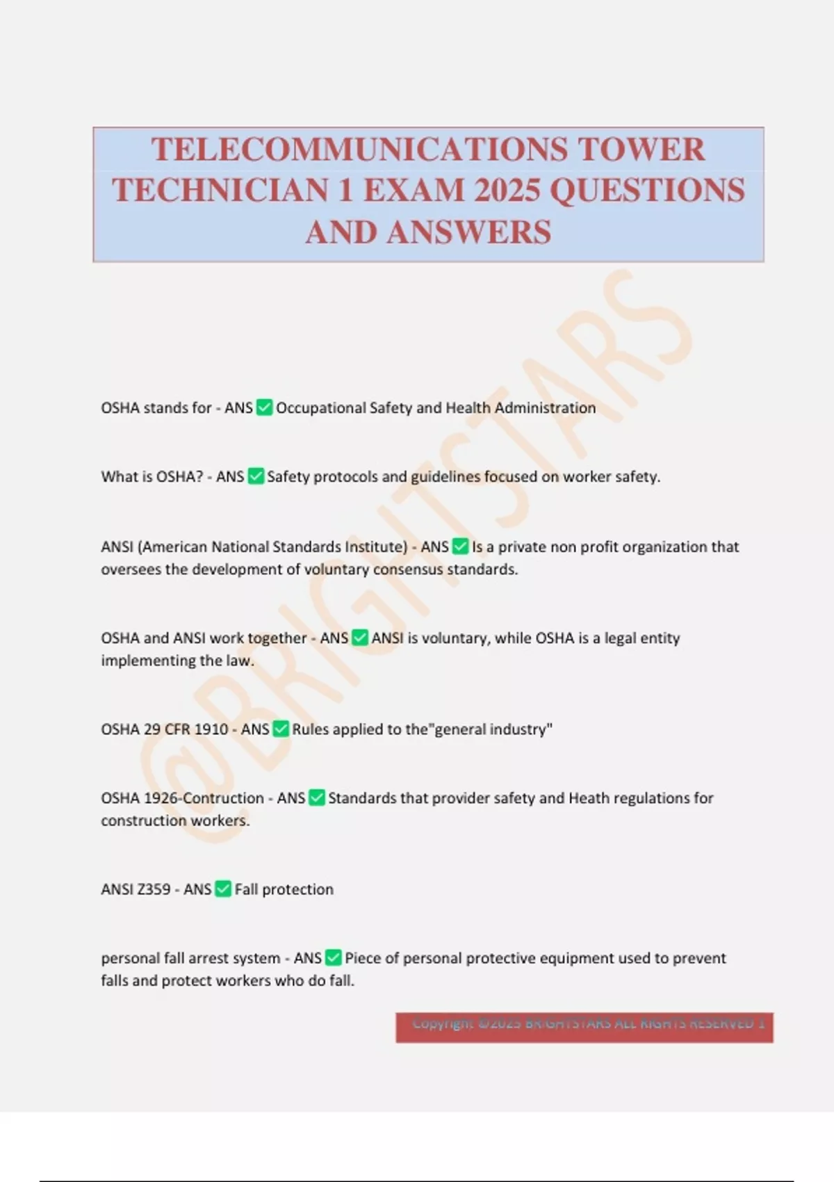 TELECOMMUNICATIONS TOWER TECHNICIAN 1 EXAM 2025 QUESTIONS AND ANSWERS ...