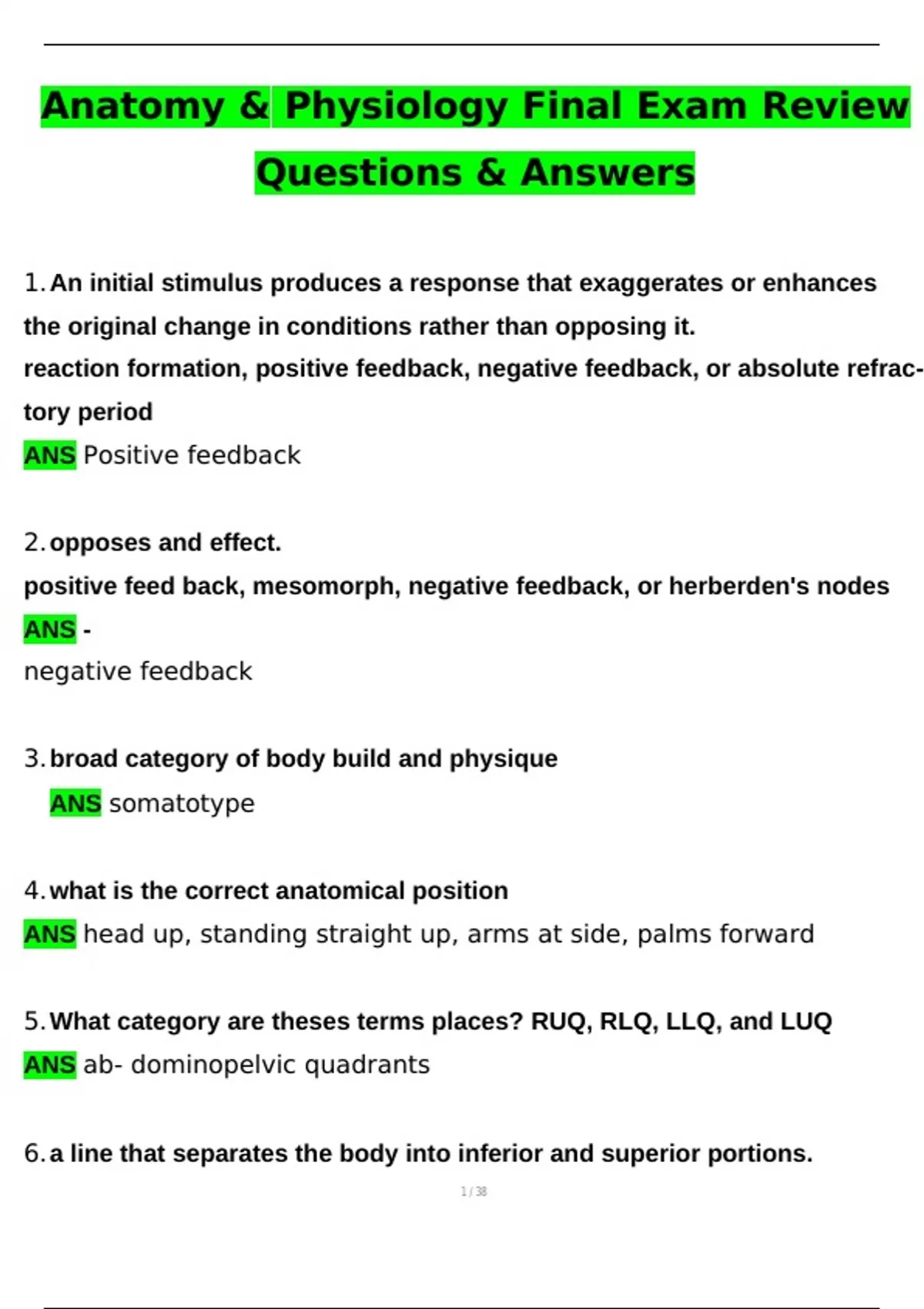 Anatomy & Physiology Final Exam Review (Latest 2025 / 2026 Update ...