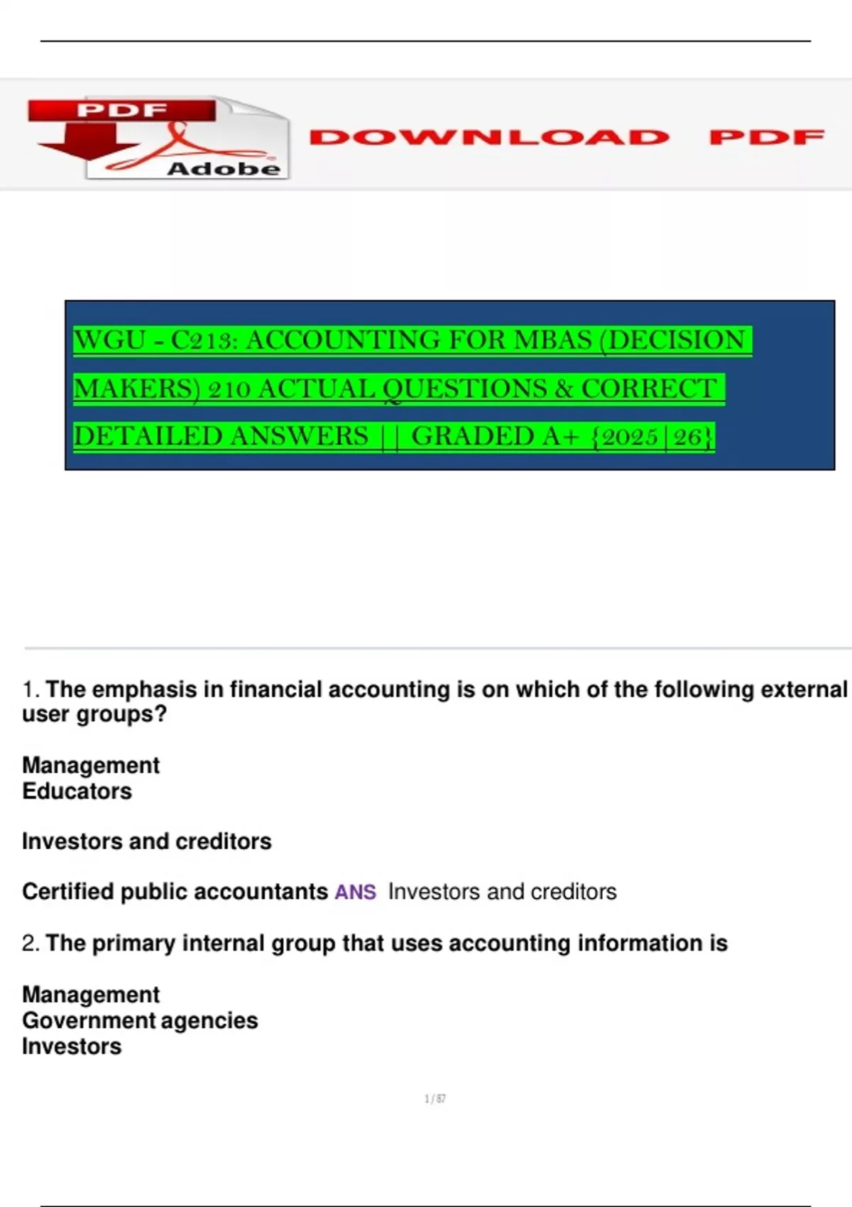 WGU - C213: ACCOUNTING FOR MBAS (DECISION MAKERS) 210 ACTUAL QUESTIONS ...