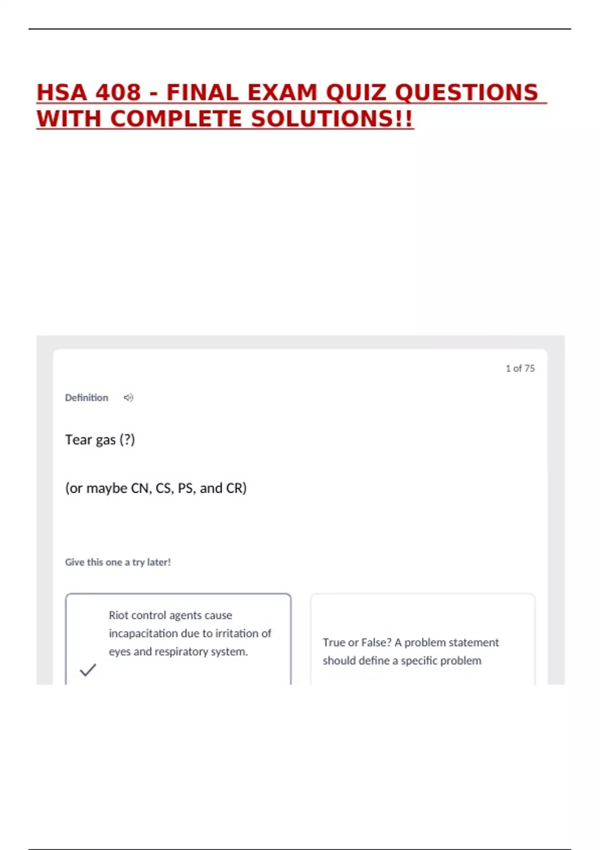 HSA 408 - FINAL EXAM QUIZ QUESTIONS WITH COMPLETE SOLUTIONS!! - HSA 408 ...