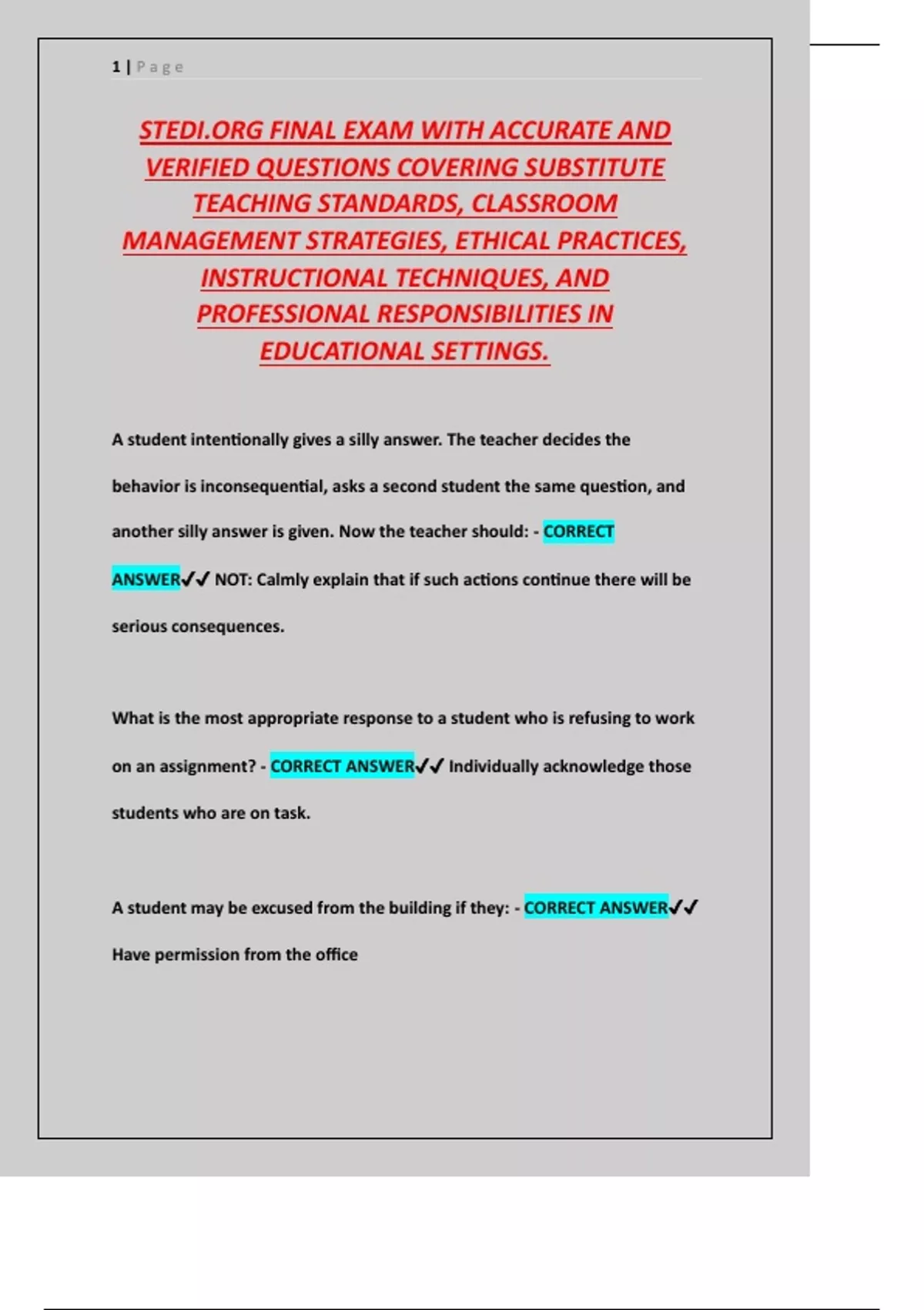 STEDI.ORG FINAL EXAM WITH ACCURATE AND VERIFIED QUESTIONS COVERING ...