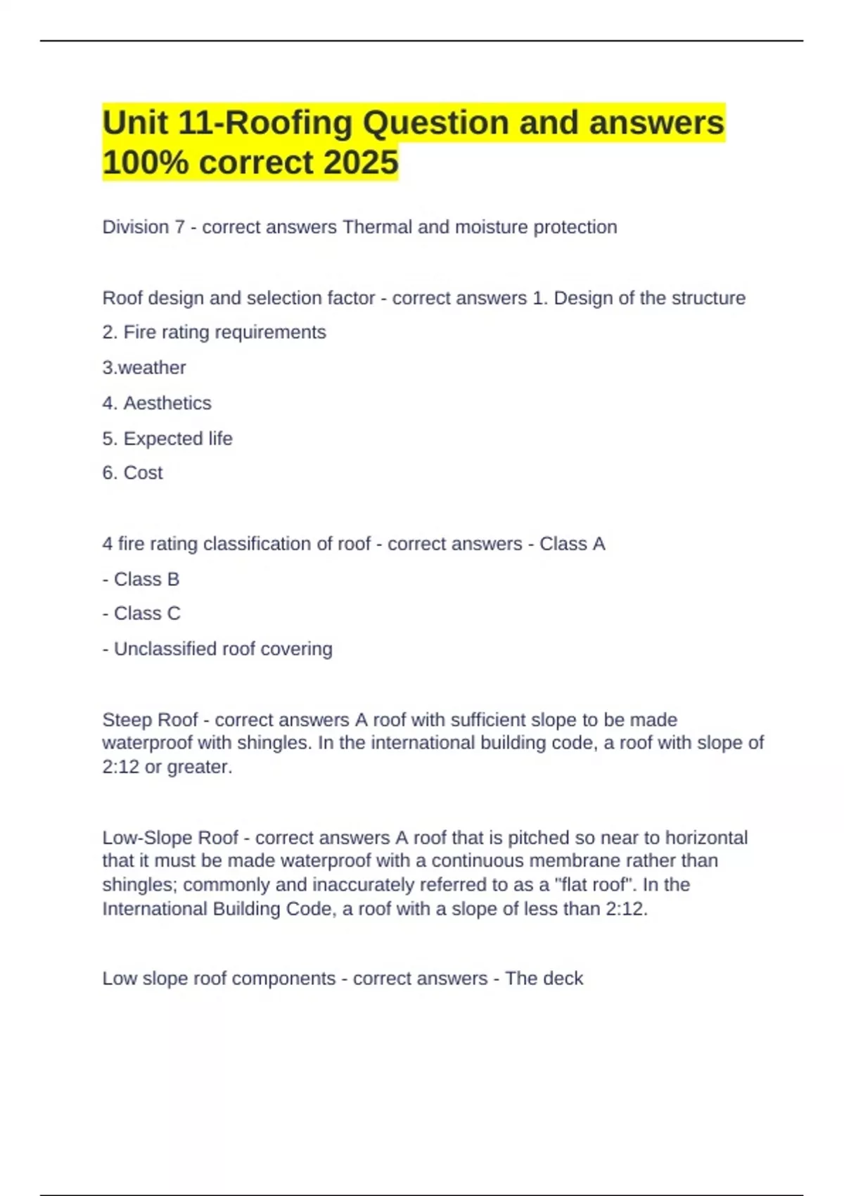 Unit 11-Roofing Question and answers 100% correct 2025 - Unit 11 ...