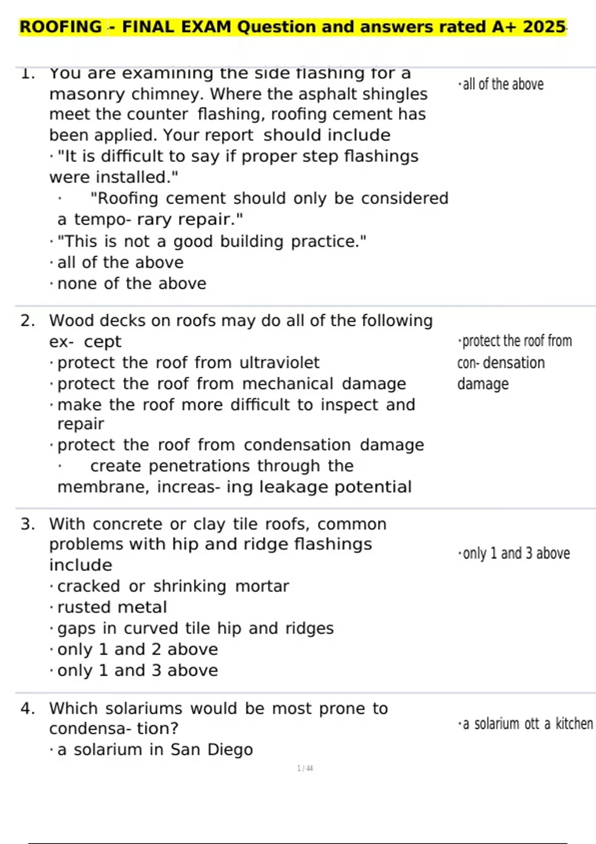 ROOFING - FINAL EXAM Question and answers rated A+ 2025 - ROOFING ...