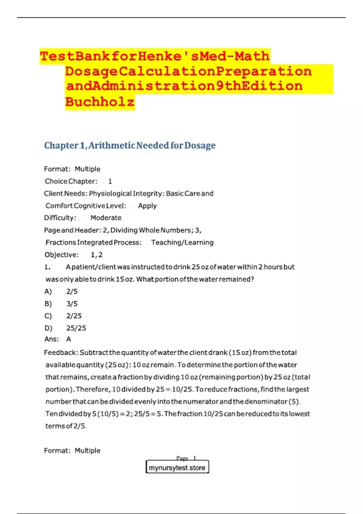 Test Bank for Henke’s Med-Math: Dosage Calculation, Preparation and ...