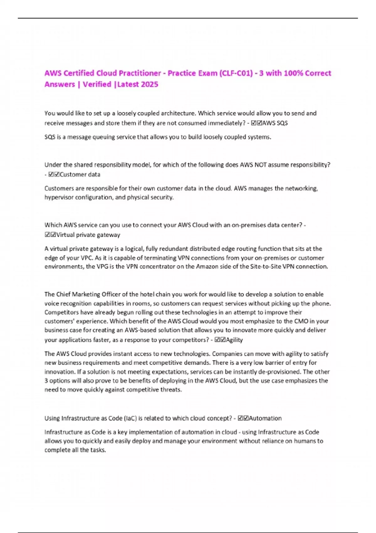 AWS Certified Cloud Practitioner - Practice Exam (CLF-C01) - 3 with 100% Correct Answers ...