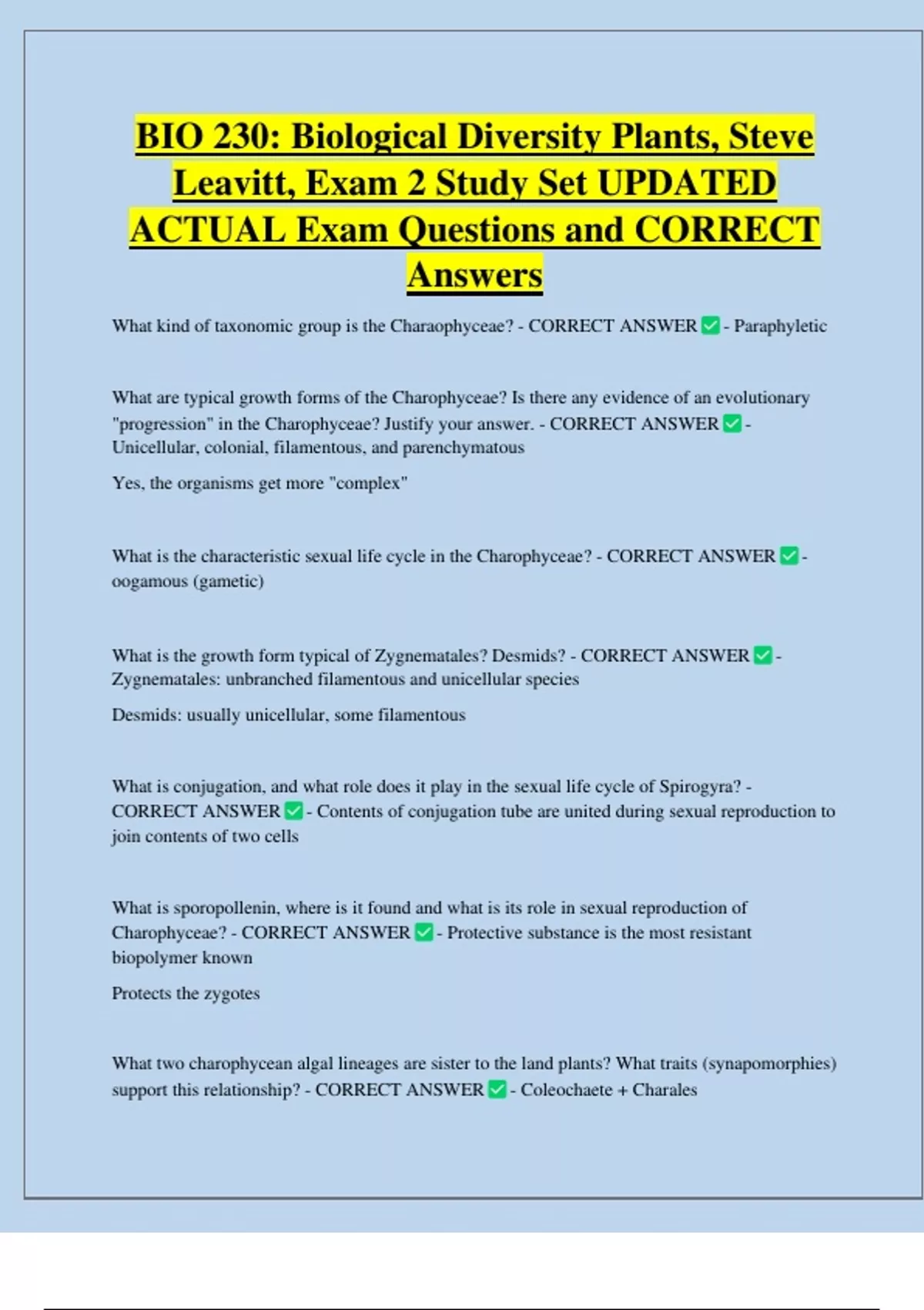 BIO 230: Biological Diversity Plants, Steve Leavitt, Exam 2 Study Set ...