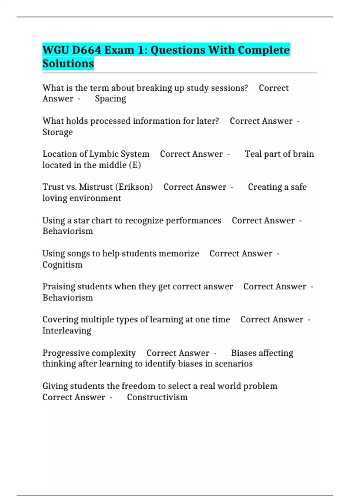 WGU D664 Exam 1: Questions With Complete Solutions - WGU D664 - Stuvia US