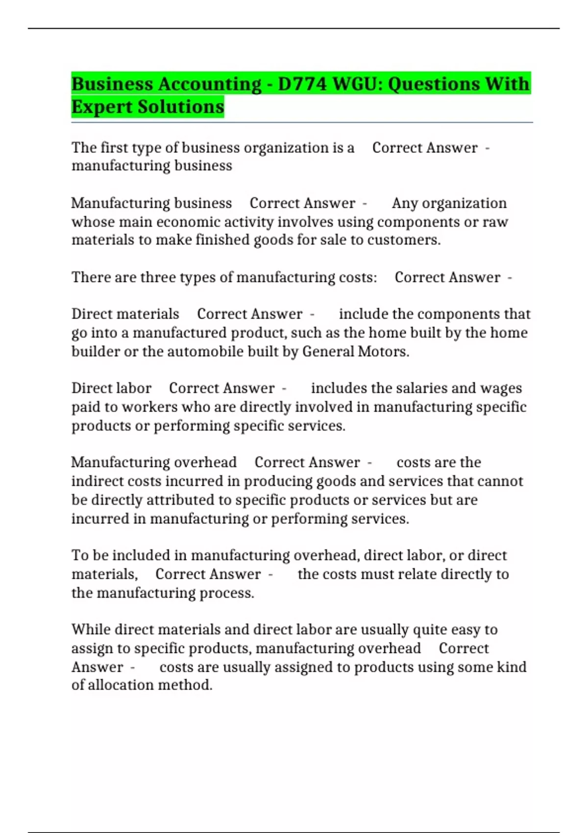 PACKAGE:- WGU D774 EXAMS – INTRODUCTION TO BUSINESS ACCOUNTING - Stuvia US