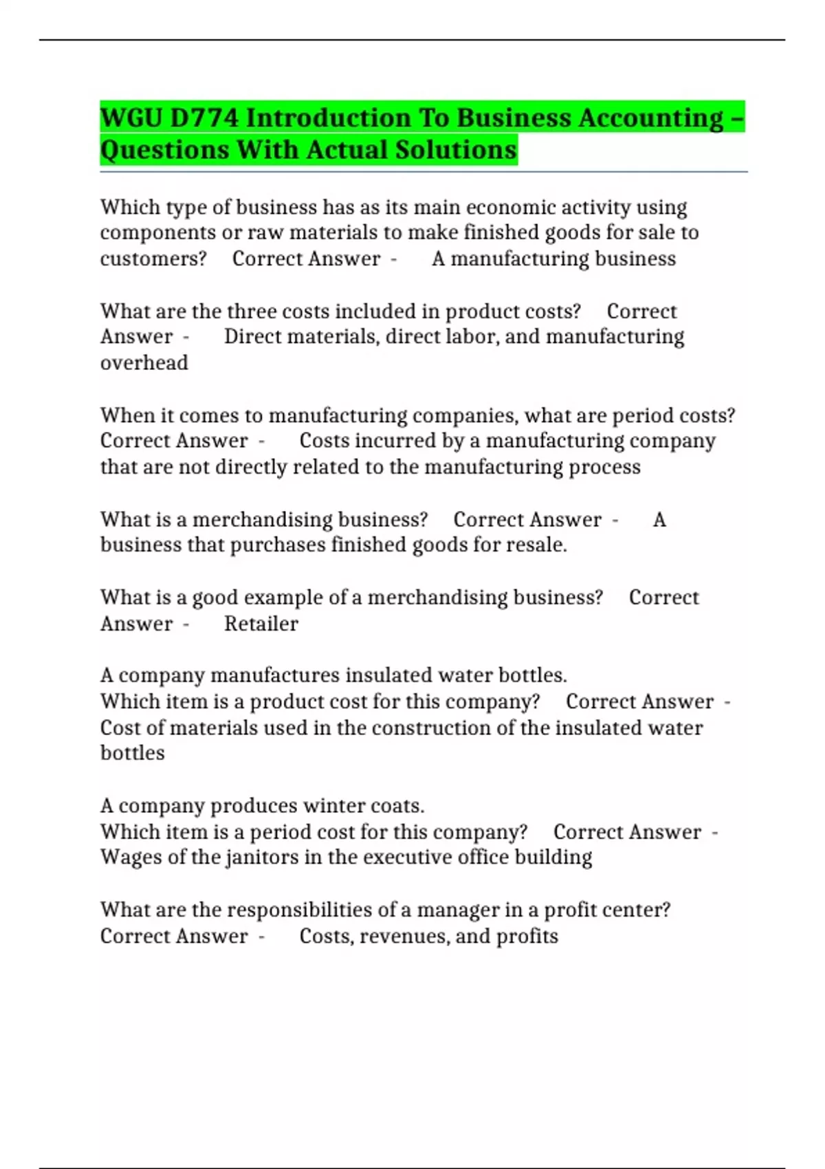 WGU D774 Introduction To Business Accounting – Questions With Actual Solutions - WGU D774 ...