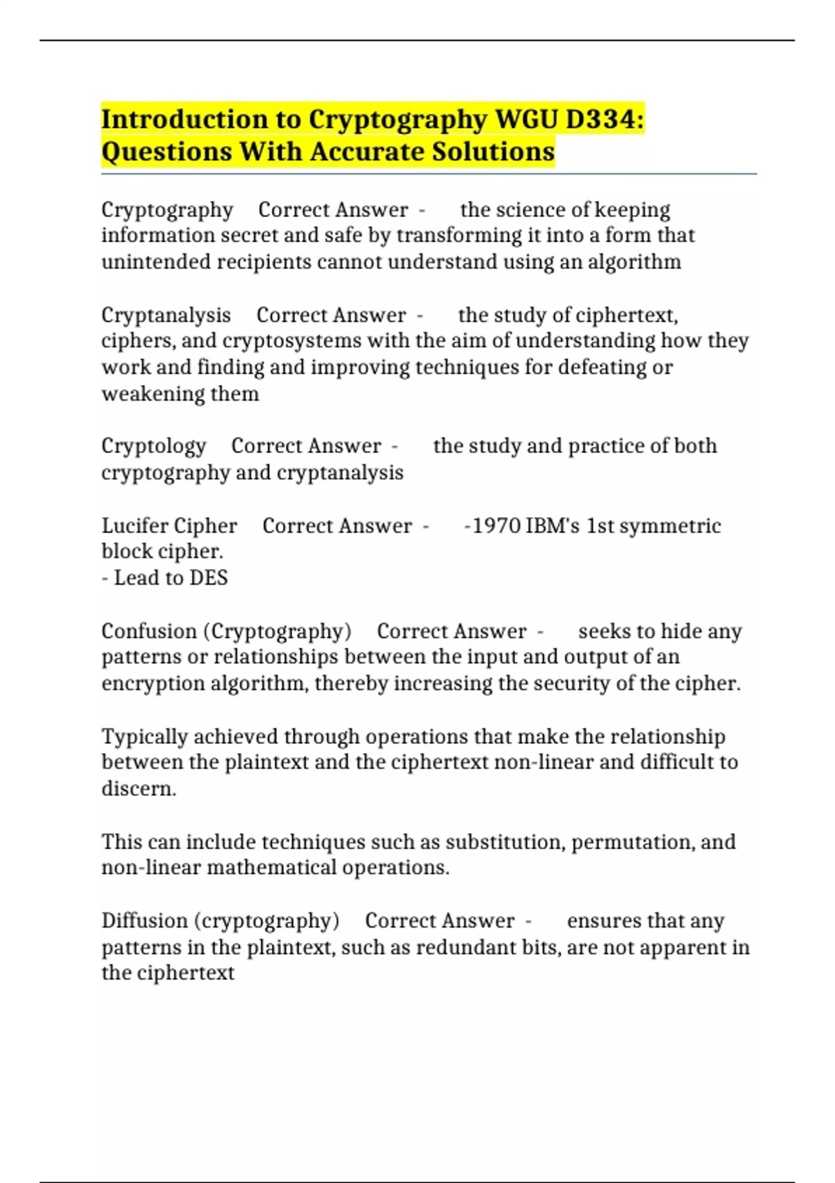 Introduction to Cryptography WGU D334: Questions With Accurate Solutions - WGU D334 - Stuvia US